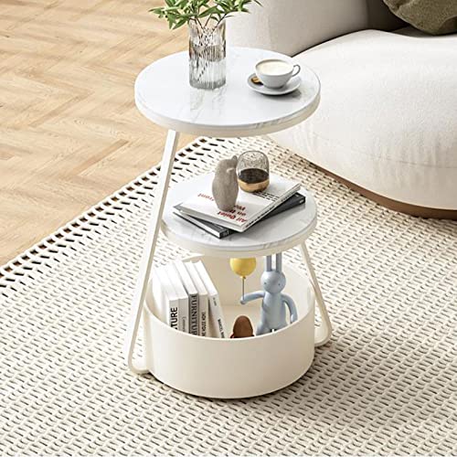 Sofa Side Table Couch Table Round End Table, 3-Tier Side Table Table with Storage Basket and 2 Tier Storage Shelf, Modern Bedside Sofa Coffee Table for Living Room, Bedroom End Table Coffee Tab