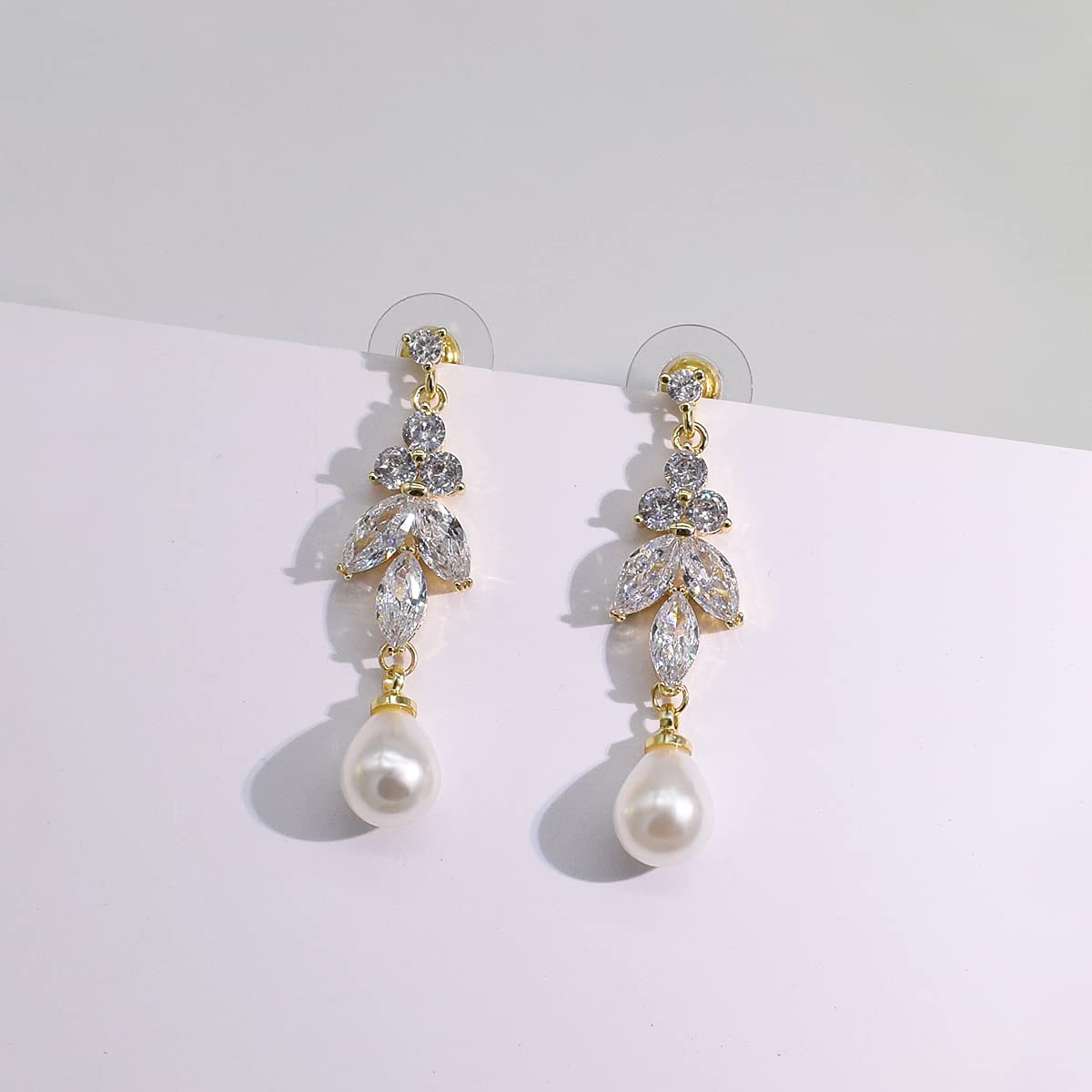 UDORA Women Zirconia Teardrop Pearl Long Dangle Earrings Bridal Bridesmaid Wedding Gifts (Gold)