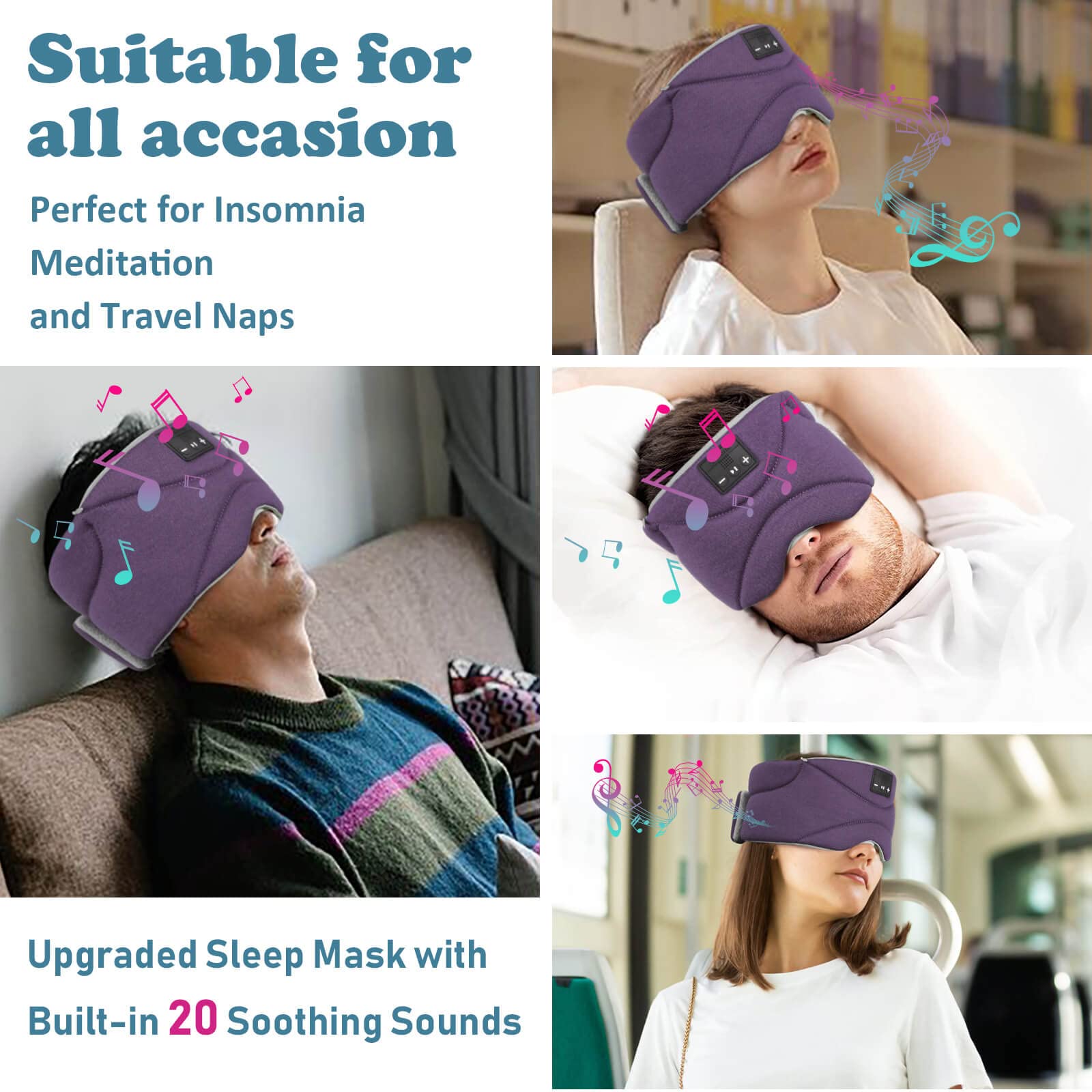 Sleep Mask with Bluetooth Headphones 24 White Noise, Ultra-Thin Speaker Cold Pack Blackout Bluetooth Eye Mask Sleep Headphones for Side Sleepers, Airplane, Travel, Cool Gadgets for Women Man (Purple)