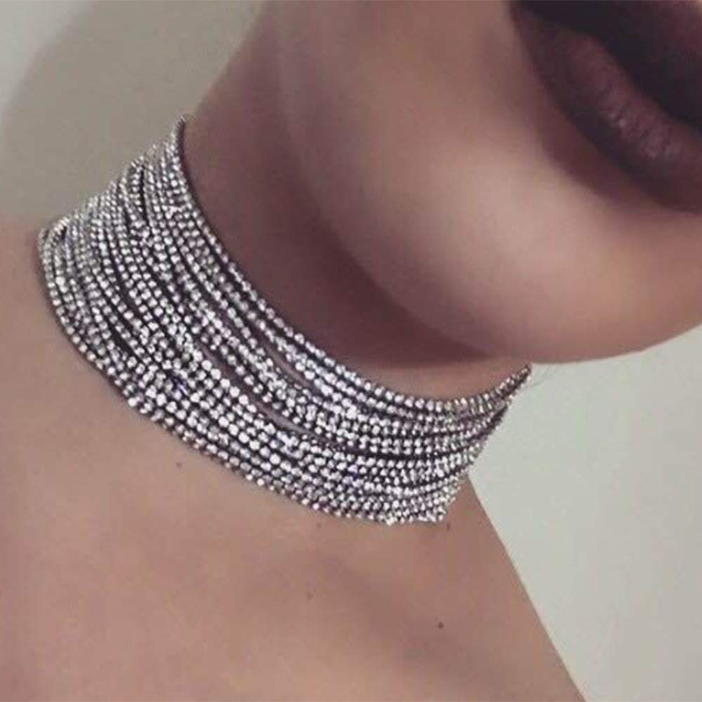 YERTTER Women Waterfall Rhinestone Chain Multilayered Chain Full Crystal Tight Sparkly Choker for Party Prom Vacation (Silver)