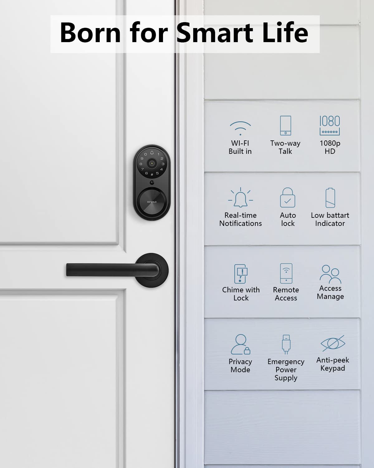 Revolo WFV01 Smart Lock with Camera, WiFi Smart Video Lock, Keyless Entry Door Lock, Doorbell Camera Wireless with Chime, Supports App Control, 1080P HD Video, Alexa Enable, Auto-Locking, Black