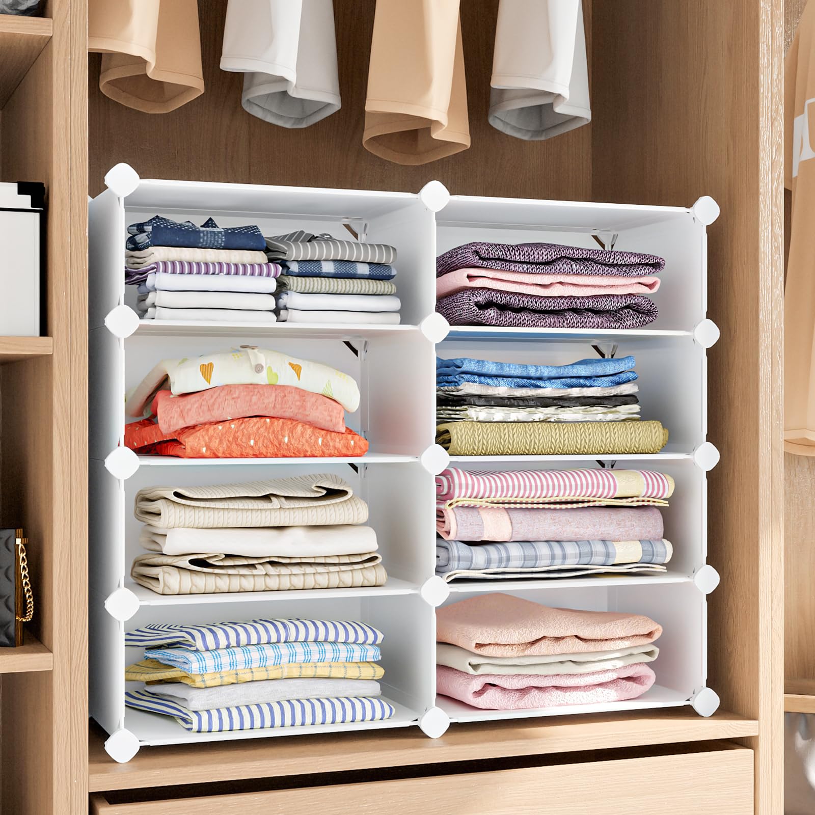 VIPZONE 4 Tier Closet Shelf, 12 inches Deep Stackable Closet Storage Shelves for Clothes,Easy Assembly Organizer Plastic Shelf Rack for Bedroom,White