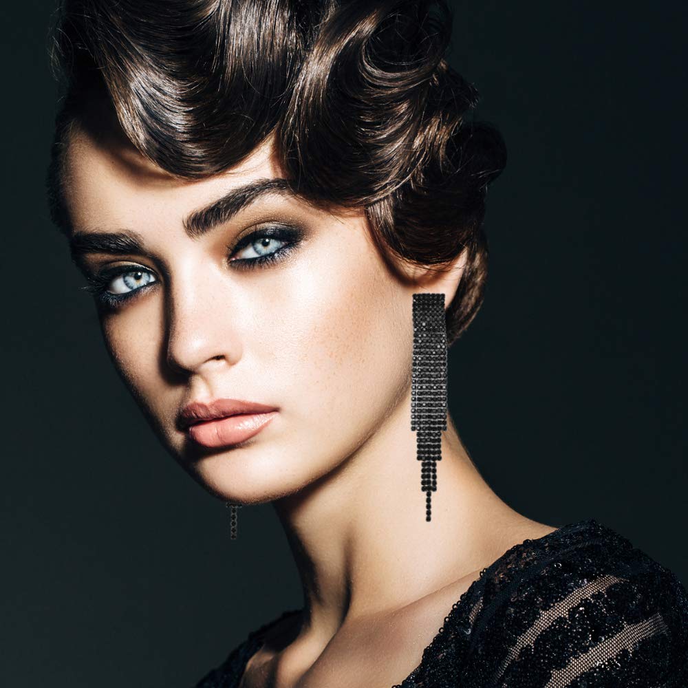 Statement Black Clip On Earrings Extra Long Earrings 1920s Earrings Art Deco Earrings Great Gatsby Earrings Flapper Earrings Statement Earrings Gun Metal Black Earrings Rhinestone Crystal Drop Earrings for Women (Black Clip-Ons)