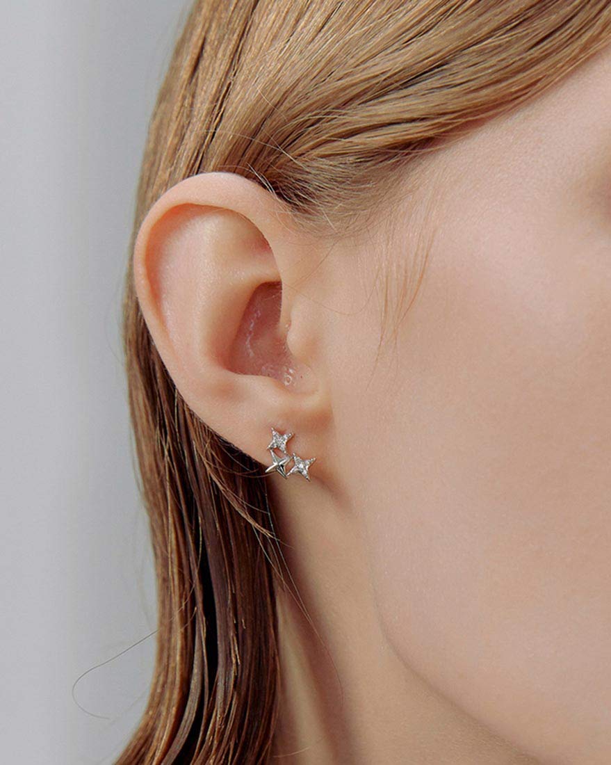 SLUYNZ 925 Sterling Silver Star Chain Studs Earrings for Women Star Crawler Earrings Studs Asymmetric