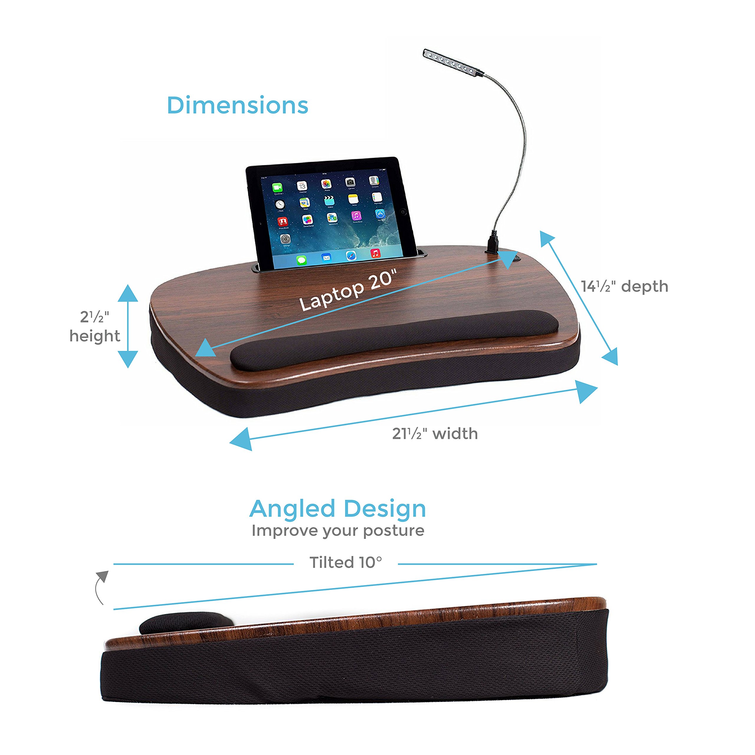 Sofia Sam Oversized Wood Top Memory Foam Lap Desk with Detachable USB Light and Tablet Slot (Black) Supports Laptops Up To 20 Inches