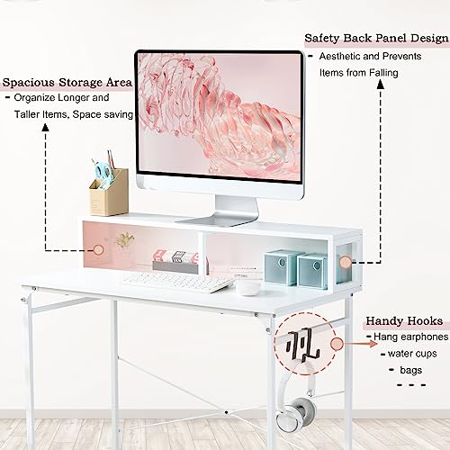 TEAMIX Small Desk with Monitor Stand, 32 inch Mini Computer Desk for Laptop PC, Gaming Desk with Hooks Vanity Makeup Desk Home Office Desk