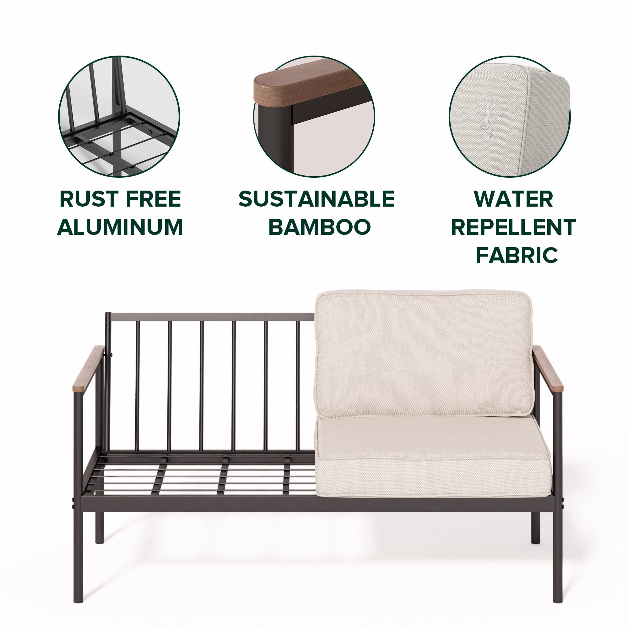 ZINUS Savannah Aluminum and Bamboo Outdoor Sofa with Cushions / Premium Patio Sofa / Weather Resistant and Rust Proof / Easy Assembly