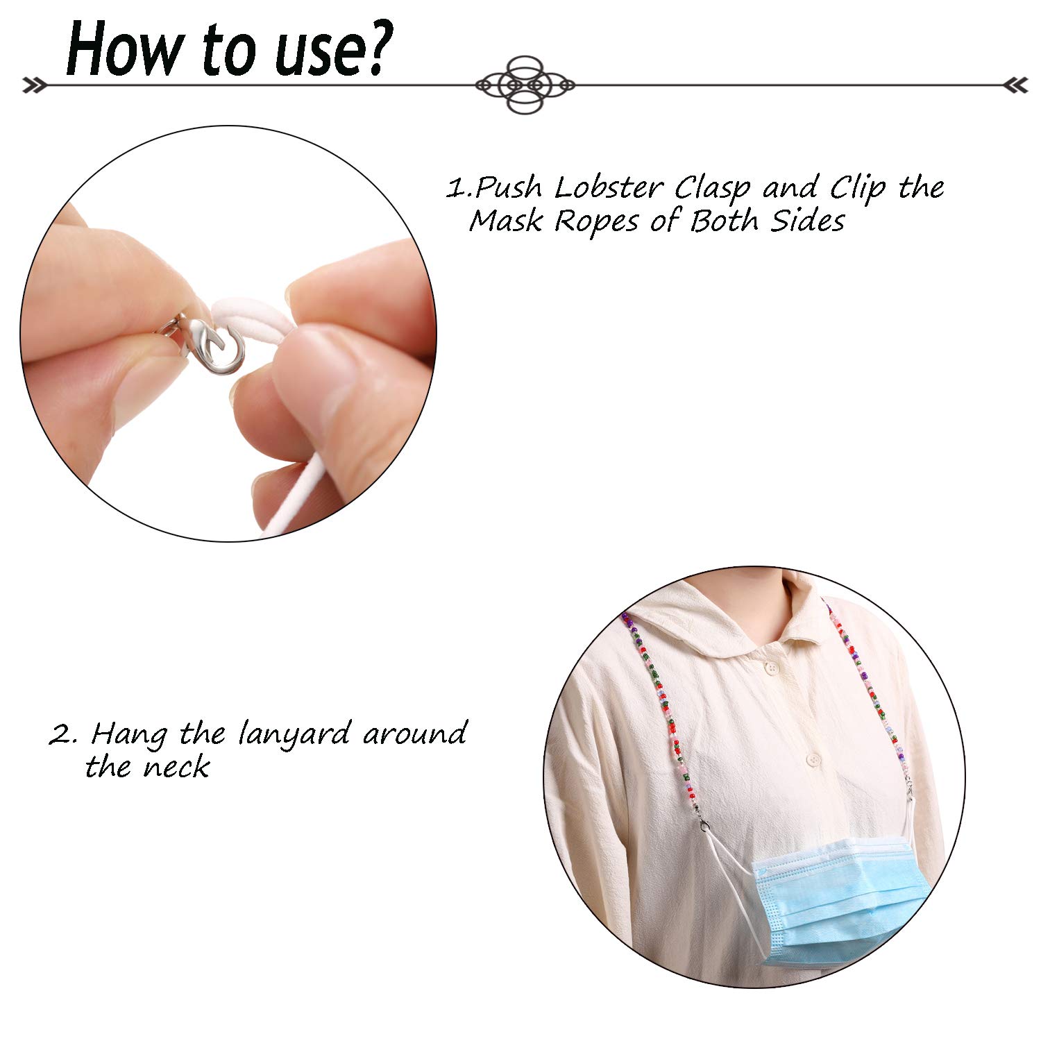 Vegolita 6Pcs Face Mask Lanyard for Women Girls Bead Chain Strap Mask Holder Comfortable Around Neck 6