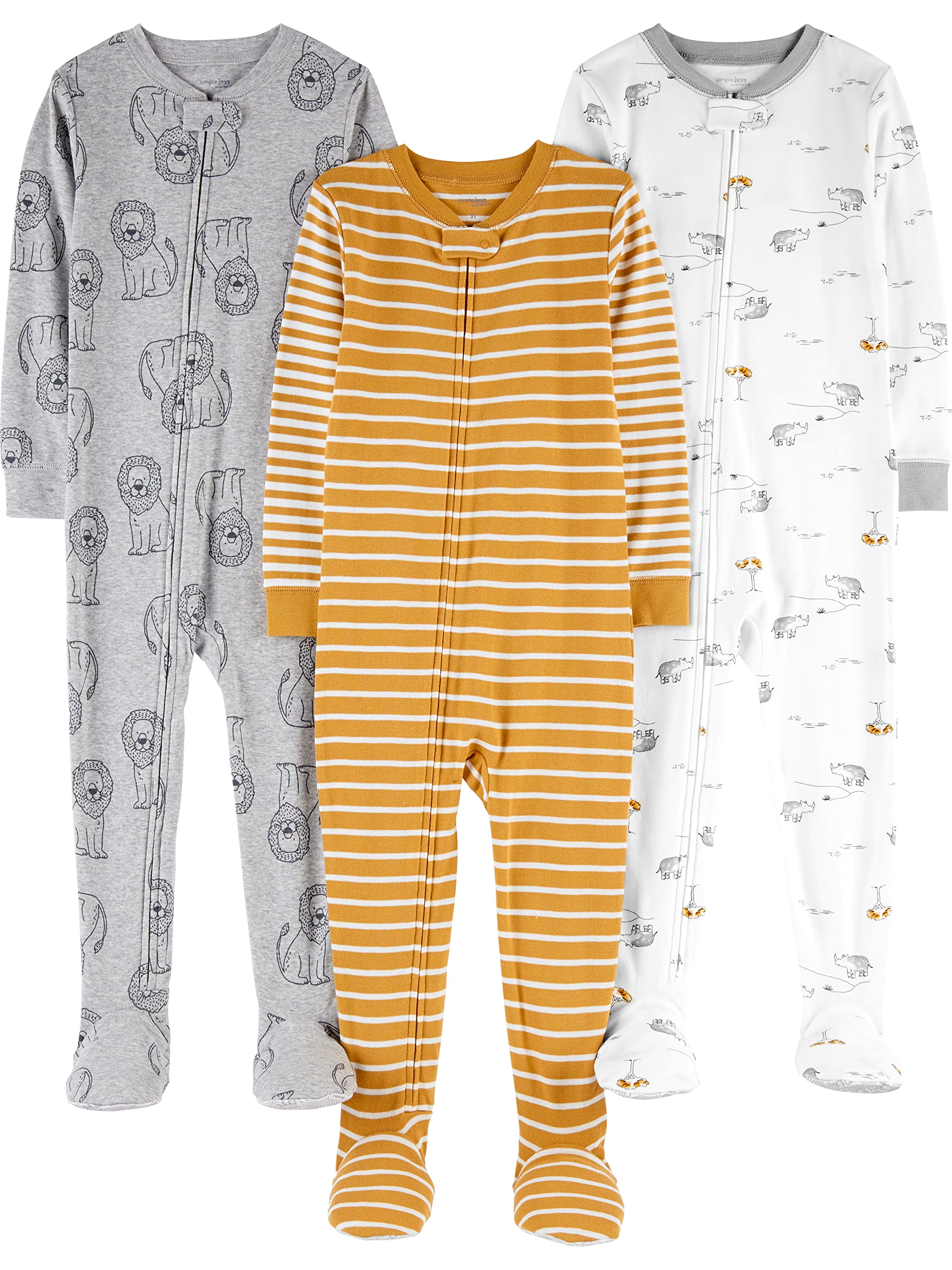 Simple Joys by Carter's Baby Boys' 3-Pack Snug Fit Footed Cotton Pajamas, Gold Stripe/Grey Lion/White Rhino, 2T