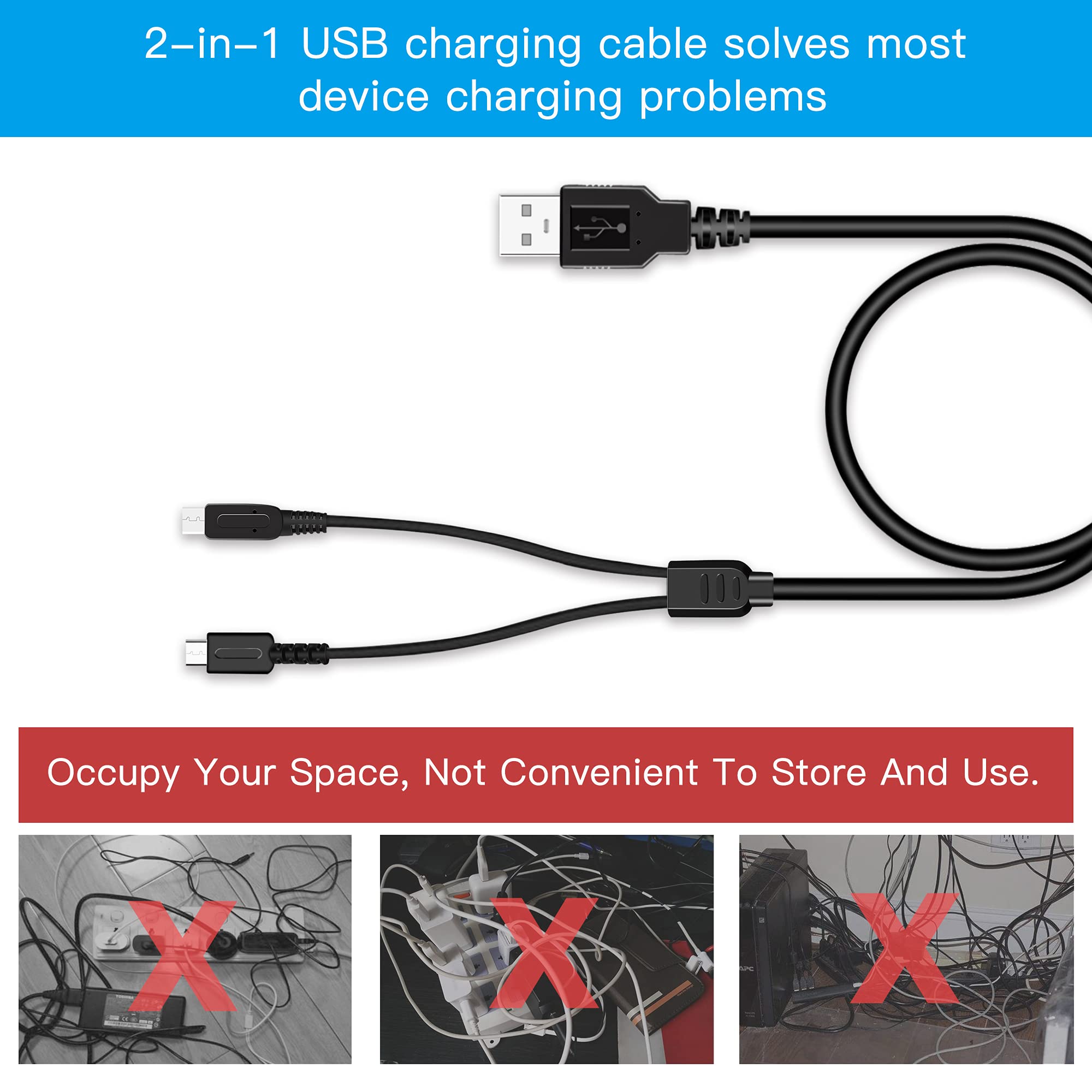 Xahpower 2Pack 2 in 1 USB Charger Cable Cord for Nintendo DS Lite, New 3DS(XL/LL), New 3DS, 3DS(XL/LL), 3DS, New 2DS(XL/LL), 2DS, DSi(XL/LL), DSi