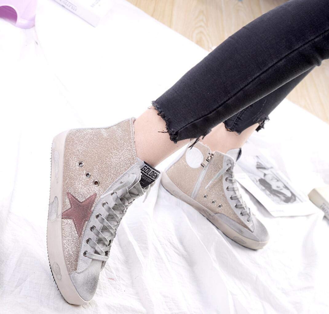 SATUKI Women's Distressed Design Lace up Star Glitter Shoes High Top Fashion Flat Sneakers (Gold, numeric_8)