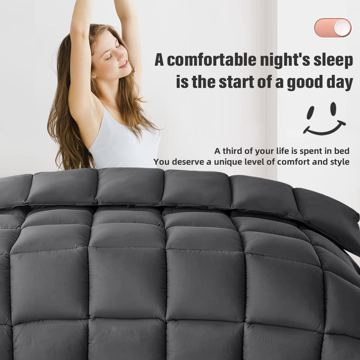Soft Comforter Queen Size-Lightweight Down Alternative Comforter Duvet Insert with 8 Corner Tabs-Fluffy Breathable Box Stitched Reversible Comforter(Grey, Queen)