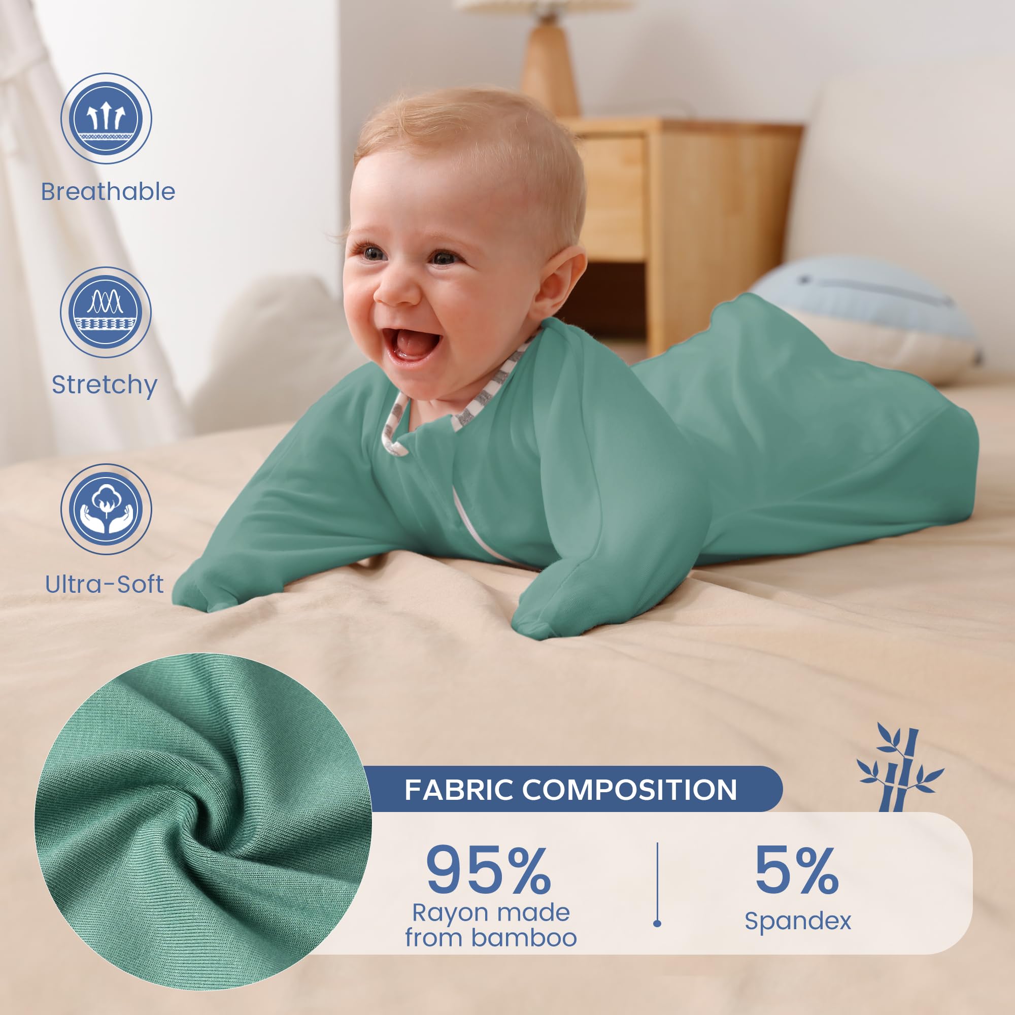ZIGJOY Shark-Fin Transition Swaddle - 0.5 Tog Rayon Made from Bamboo Sleep Sack Transitional Swaddle Sack Baby Wearable Blanket with 2-Way Zipper, Mint Green, 0-3 Months