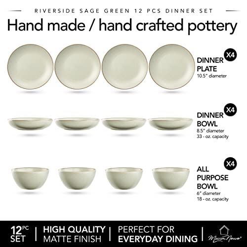 Riverside 12-Piece Dinnerware Set for 4 - Hand Crafted Plates and Bowls Dish Set, Ceramic Stoneware Dinner Set, Microwave & Dishwasher Safe Dishware - Sage Green