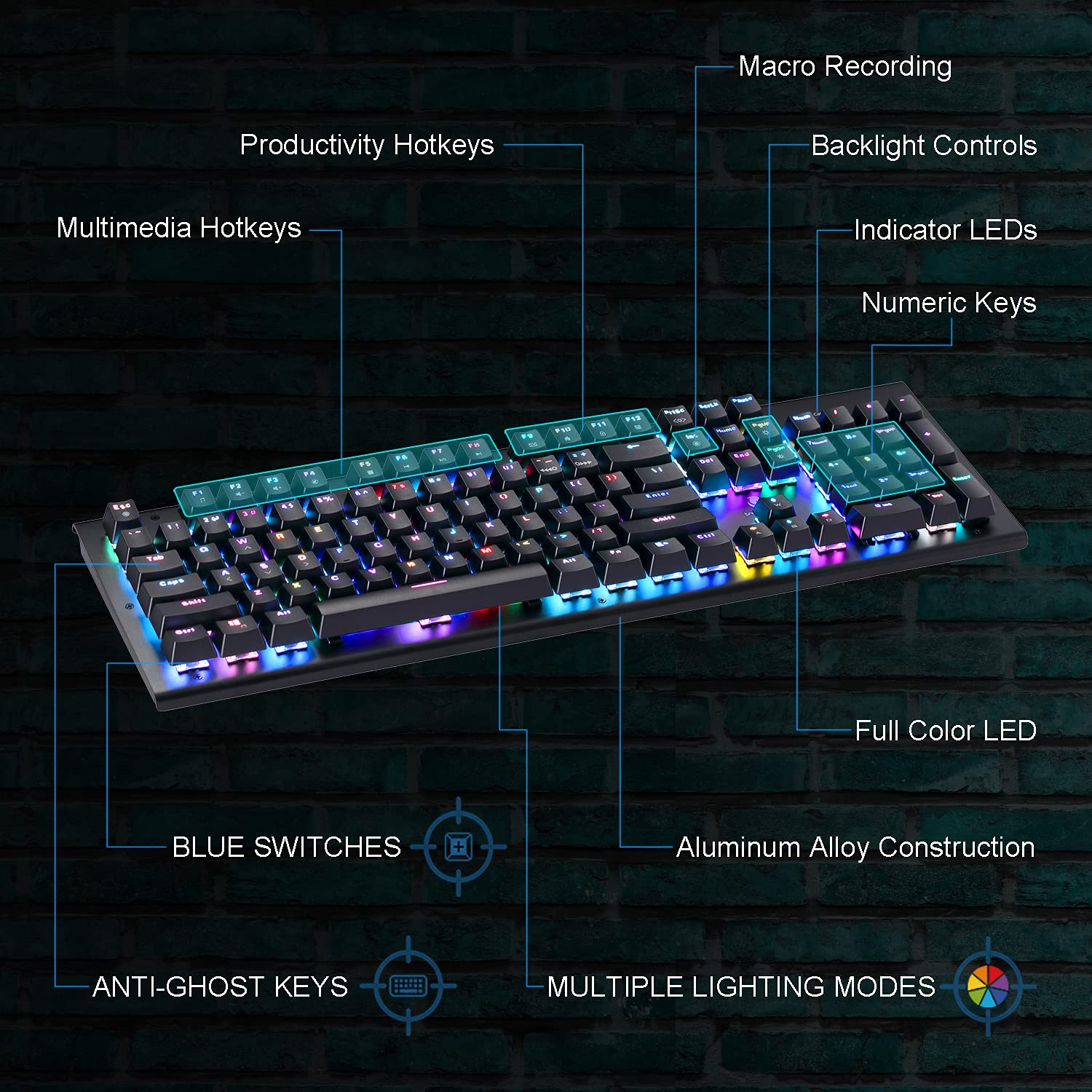 Trendy Wag Mechanical Gaming Keyboard Wired RGB Backlight Aluminum Base 104 Anti-Ghost Keys Blue Switches Multimedia Macros for Mac & Windows - Full Size