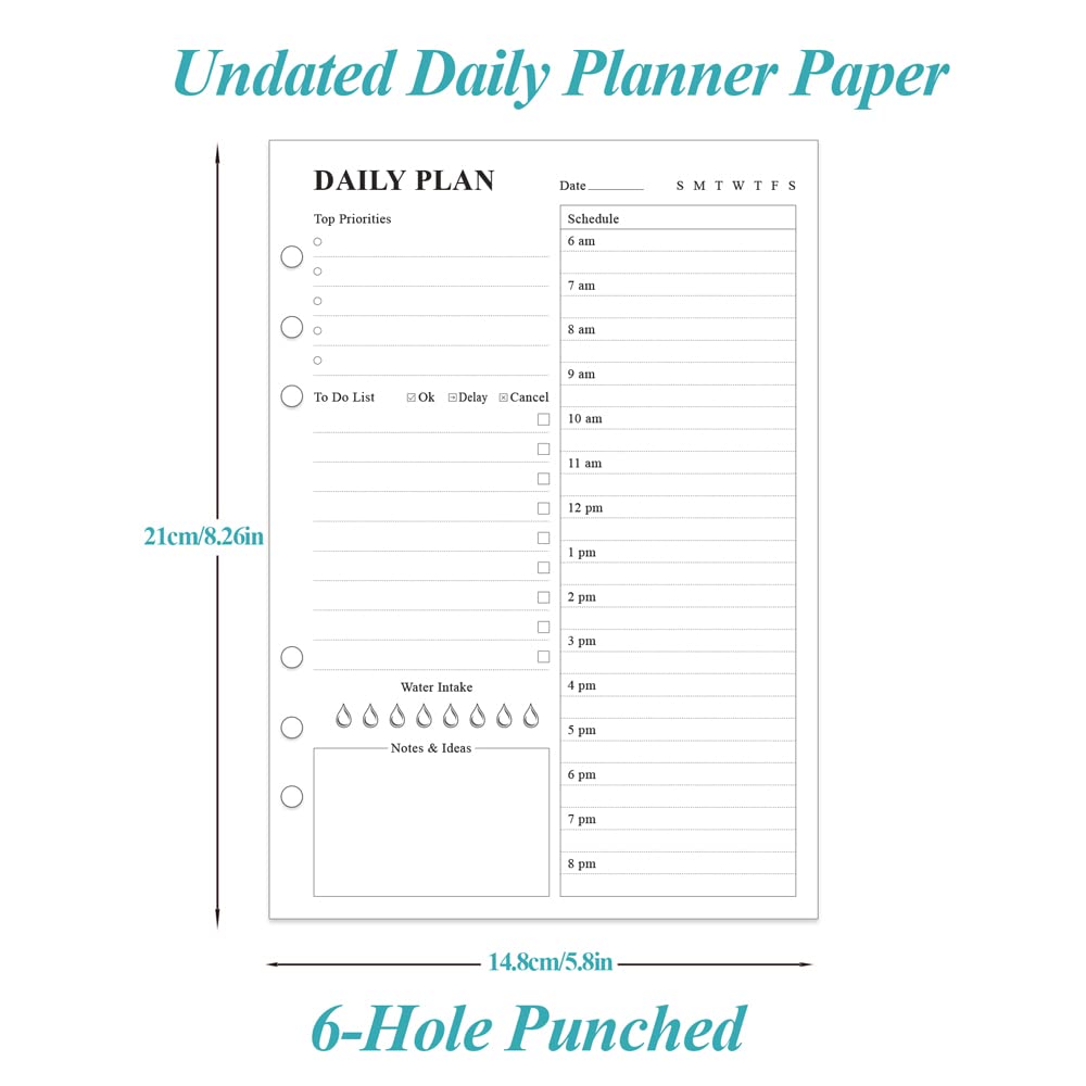 ZGMJ Undated Daily Planner Refill - A5 Day Planner Insect To Do List, 100 Sheets/200 Pages Planner and Lined Refill, 6-Hole Punched, 100 gsm White Paper, 5.8'' x 8.3''