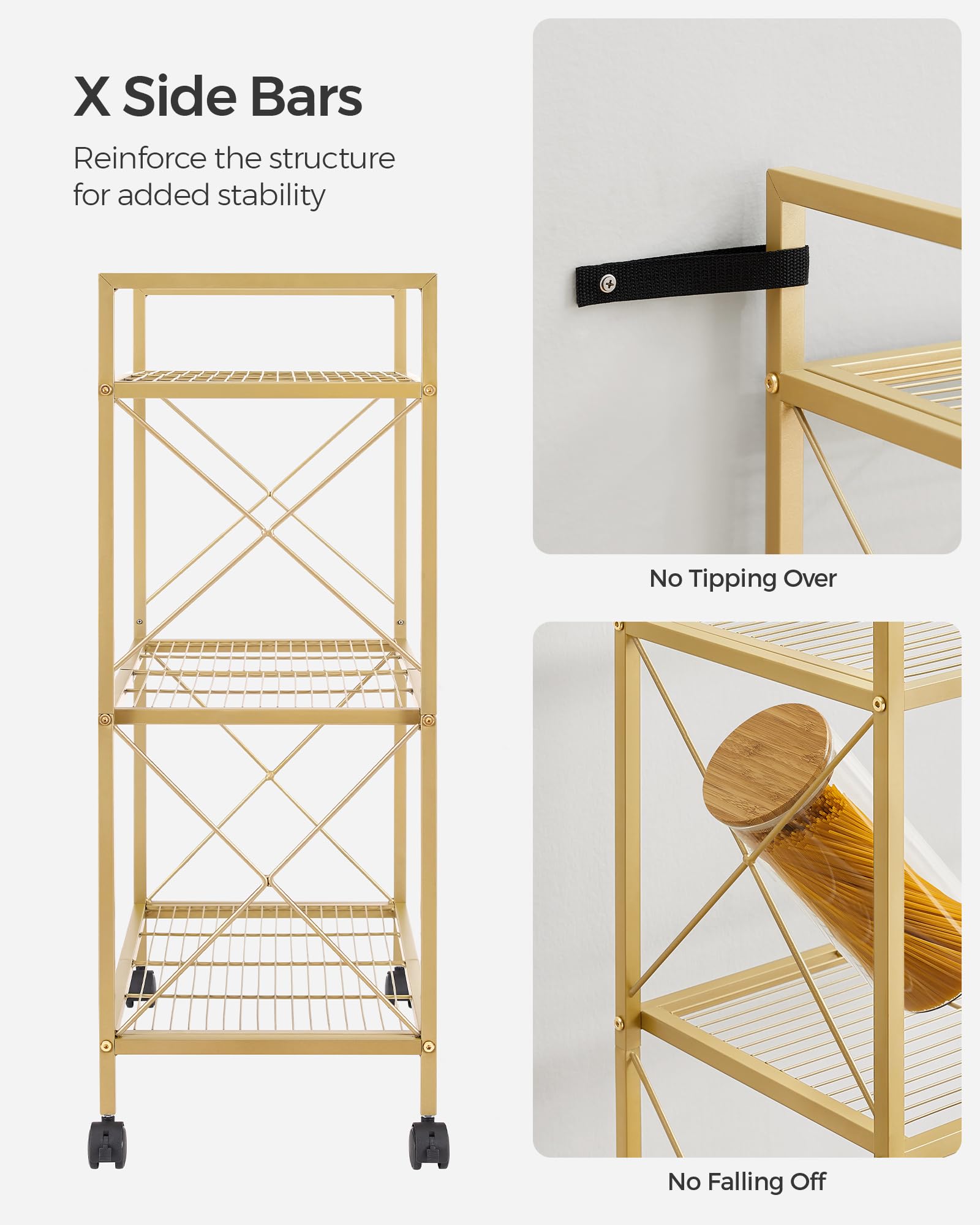 SONGMICS 3-Tier Metal Storage Rack with Wheels, Mesh Shelving Unit with X Side Frames, 31.5-Inch Width, for Entryway, Kitchen, Living Room, Bathroom, Industrial Style, Metallic Gold UBSC183A01
