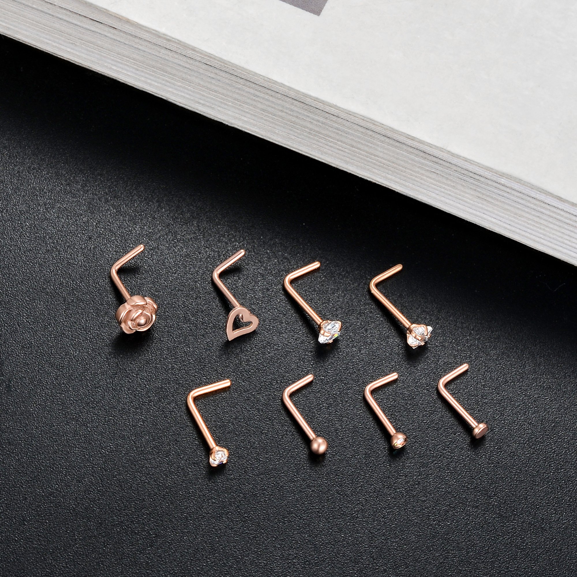 Tornito 20G 8Pcs Stainless Steel L Shaped Nose Ring CZ Nose Stud Retainer Labret Nose Piercing Jewelry