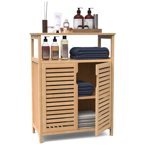 Purbambo Bamboo Bathroom Storage Cabinet with 2 Doors, Bathroom Floor Freestanding Cabinets Organizer for Living Room, Kitchen, Entryway