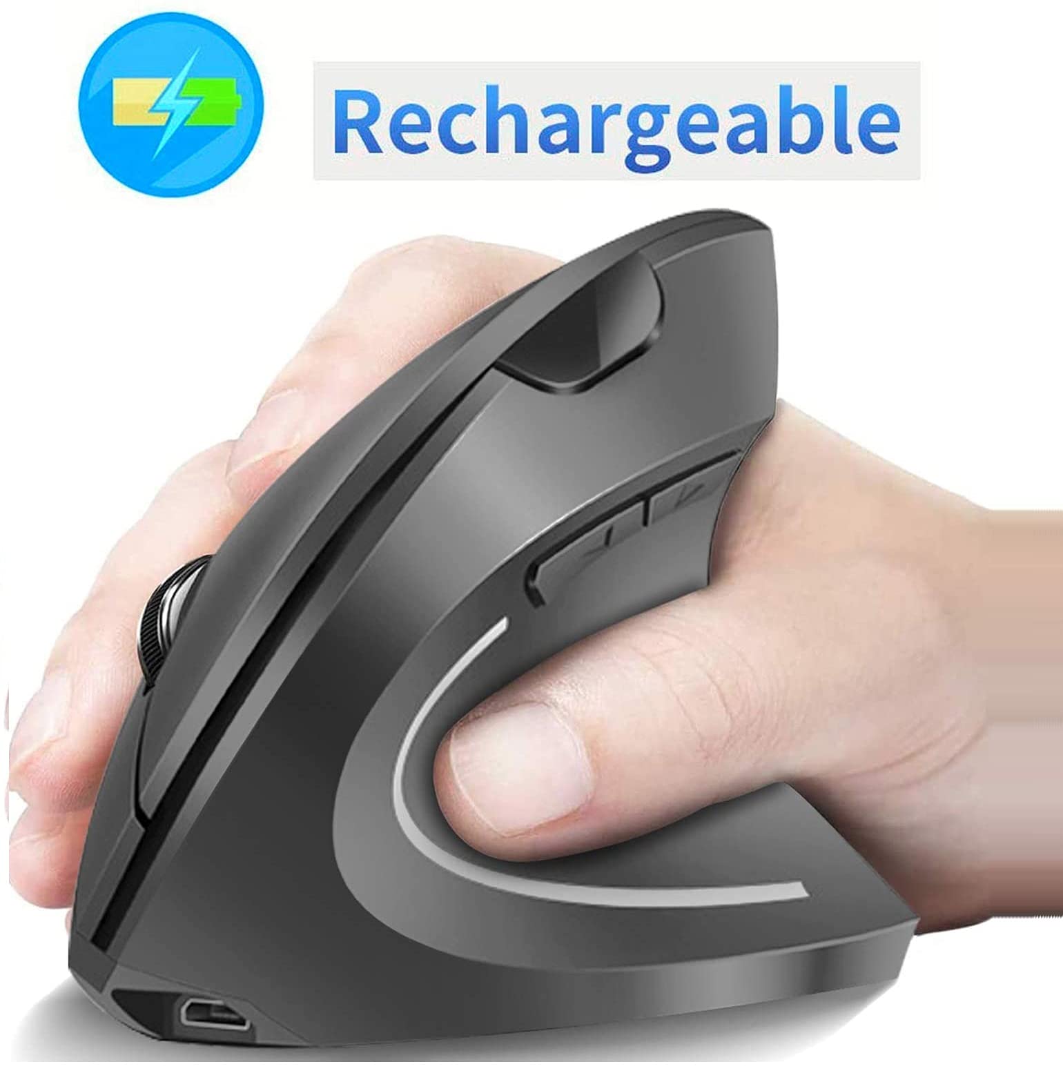 Rechargeable Wireless Vertical Ergonomic Mouse, 2.4G USB Optical Vertical Mouse with 3 Adjustable DPI 800/1200/1600 Levels 6 Buttons for Computer, Laptop, PC, MacBook- Black