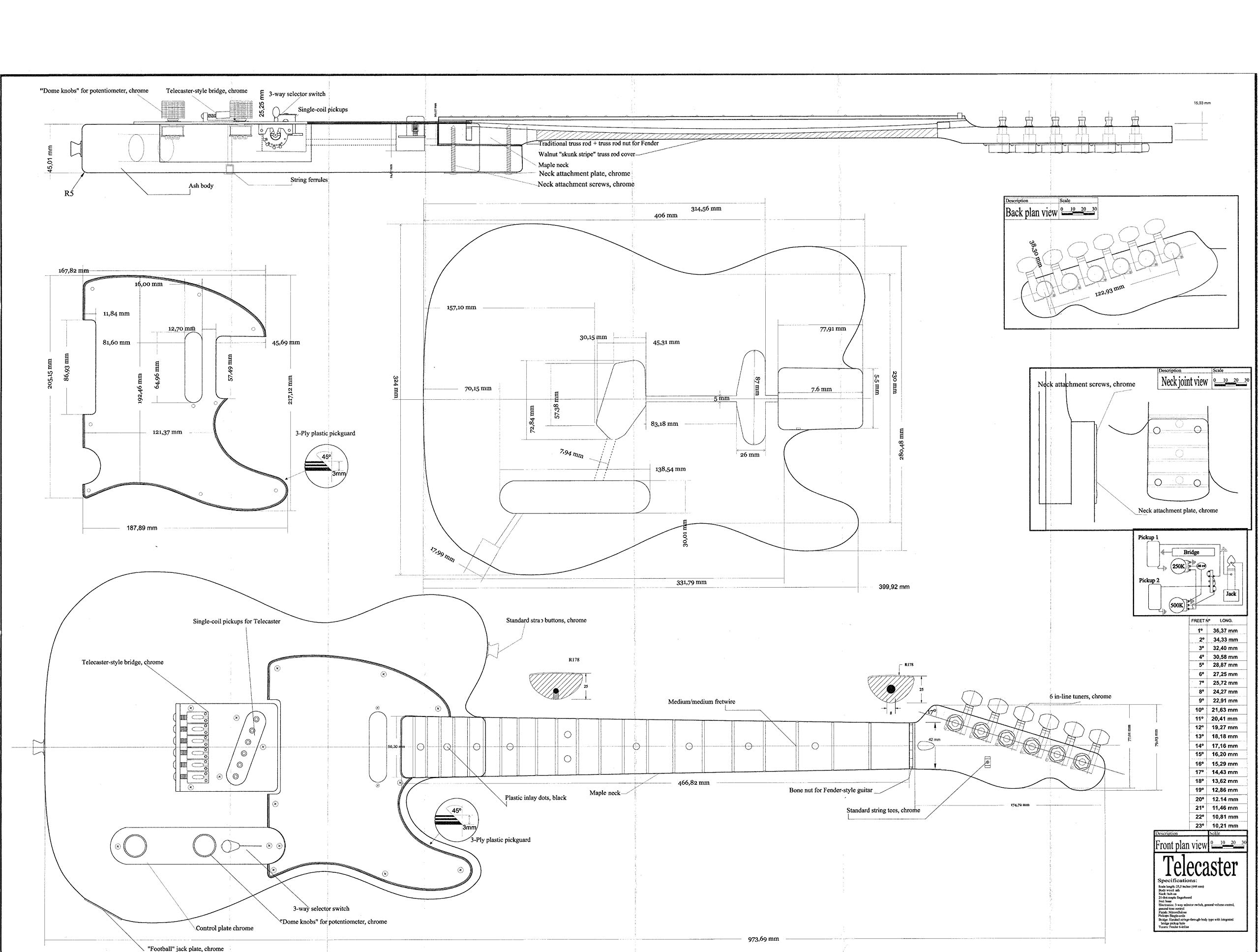 Telecaster electric guitar plans - actual size full scale