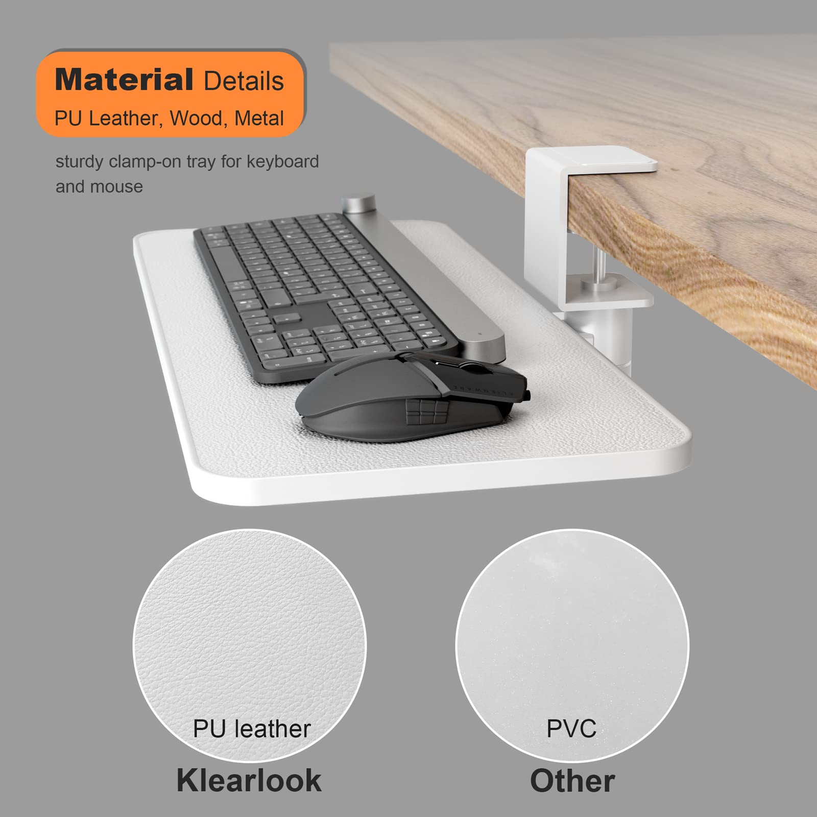 Rotating Keyboard Tray Under Desk - Klearlook PU Leather Keyboard Drawer Adjustable C Clamp,Ergonomic Keyboard Platform Extender,No Drilling,Easy Install Keyboard Stand,23.62"x 9.84"Inch-White