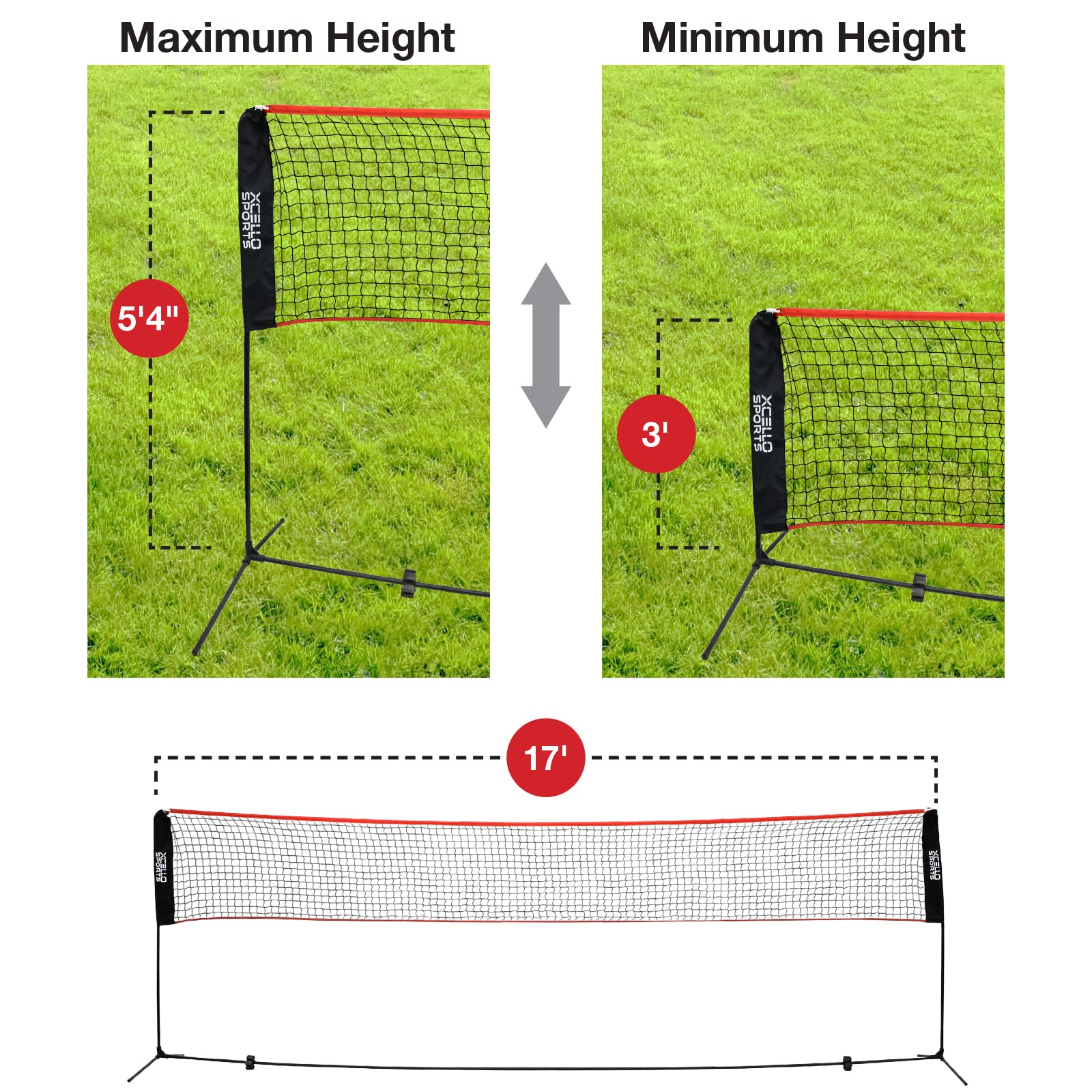Xcello Sports Complete Badminton Racket Set - Includes 17-Foot Foldable Net, 4 Rackets, 6 Shuttlecocks, and Carry Bag