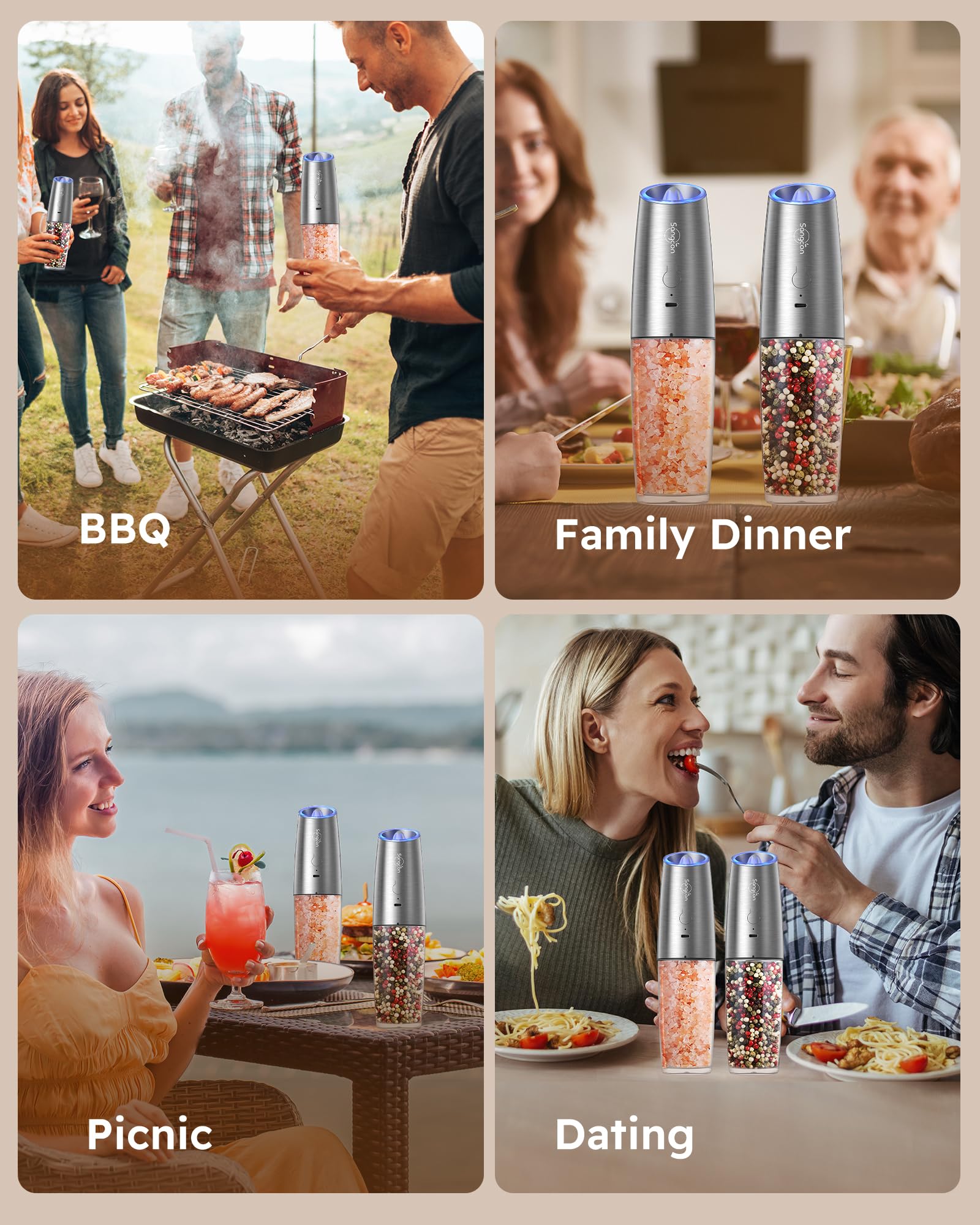 Sangcon Gravity Electric Salt and Pepper Grinder Set Shaker ππ©π π«ππππ Rechargeable 9oz XL Capacity - USB-C No Battery Needed One Hand Operation Adjustable Coarsenes Automatic Mill