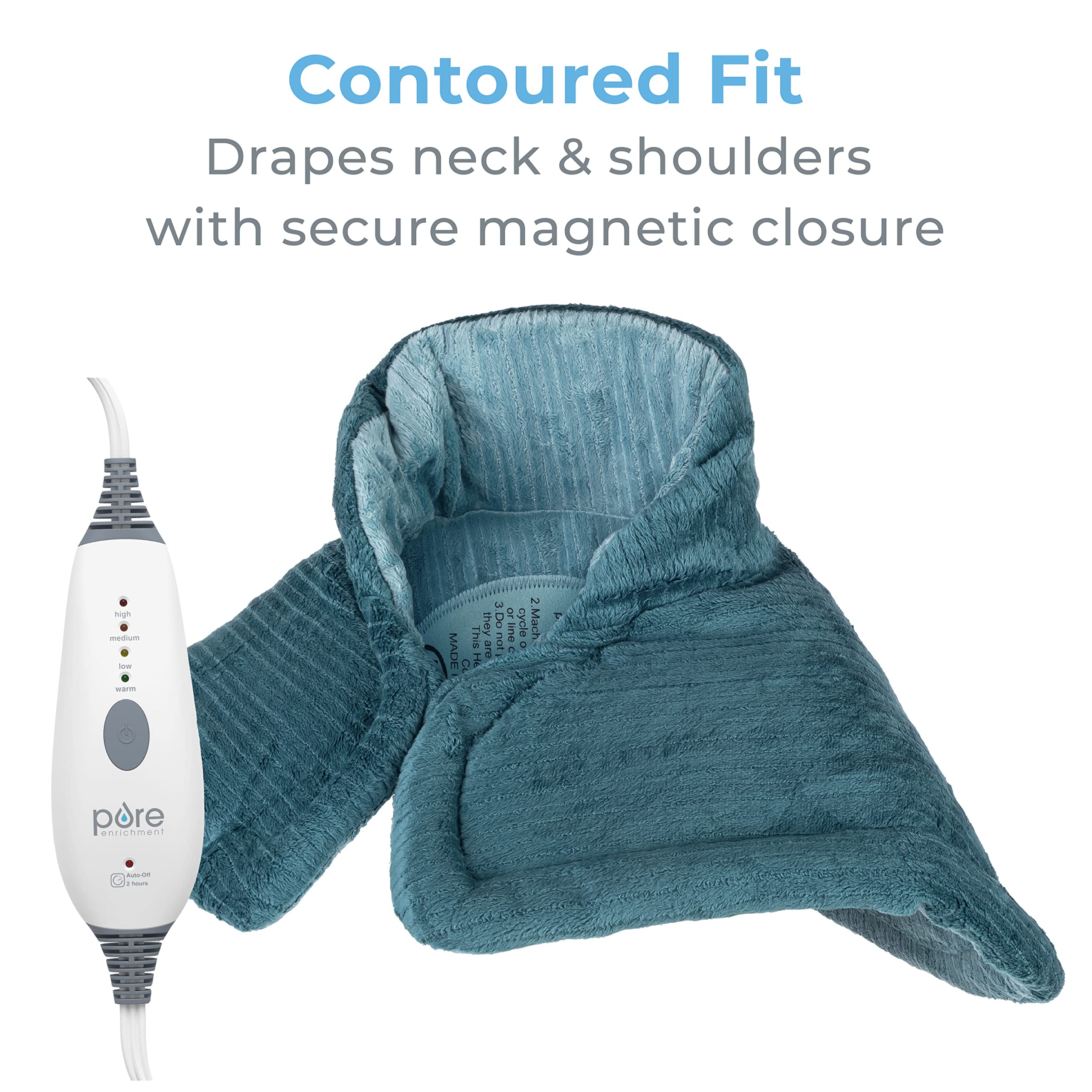 Pure Enrichment® PureRelief® Neck & Shoulder Heating Pad - 4 Heat Settings, Auto Shut-Off, Universal Fit, Magnet Closure, Soft Micromink, Storage Bag, 5-Year Warranty, Machine Wash (Turquoise Blue)