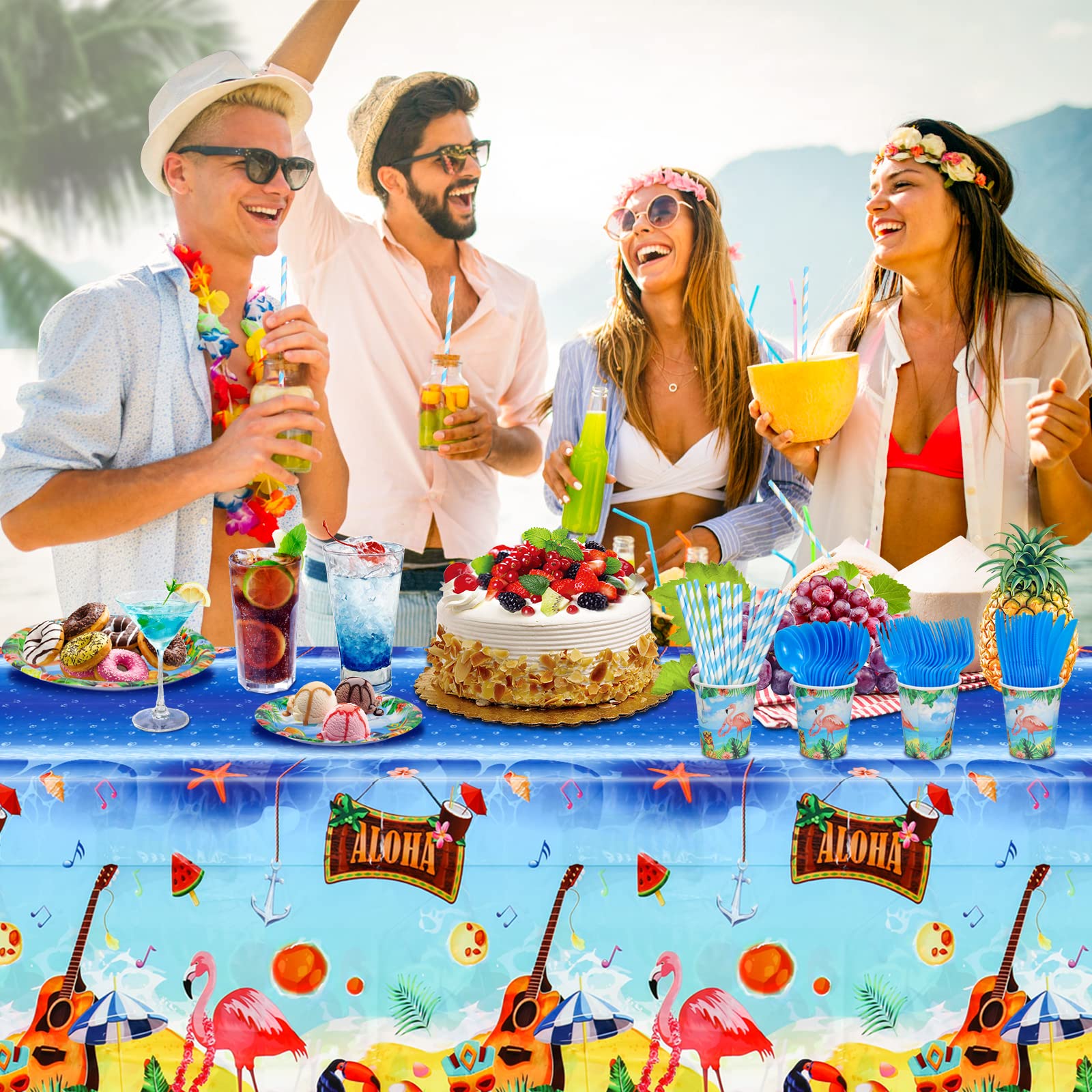 SelfTek Hawaiian Tropical Luau Party Decorations Supplies, 133 Pcs Aloha Birthday Disposable Dinnerware Set (16 Guests) With Tablecloth, Plates Cups Napkins Fork Knives Spoon for Beach Party