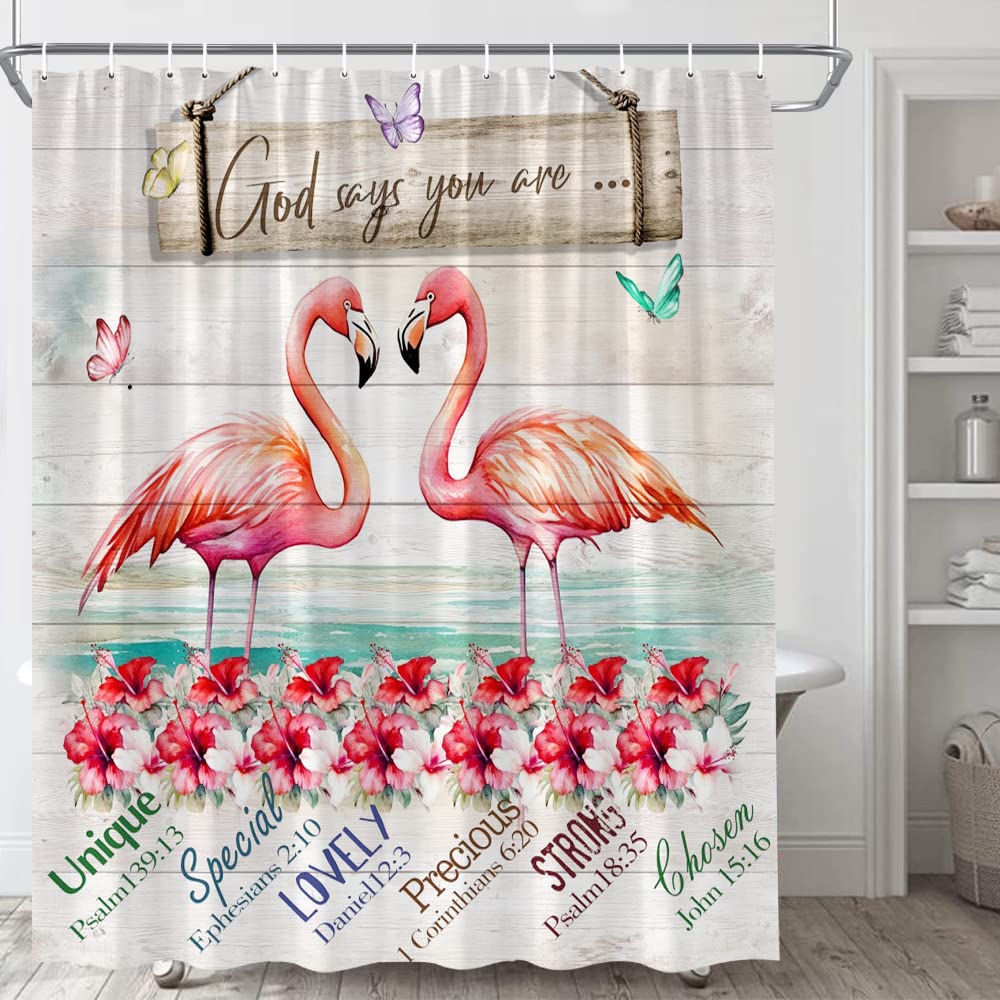 SATRTUD Tropical Flamingo Shower Curtain Watercolor Pink Birds Butterfly Floral Beach Inspirational Quotate On Rustic Farmhouse Wooden Valentine's Day Fabric Bathroom Decor Polyester with Hooks