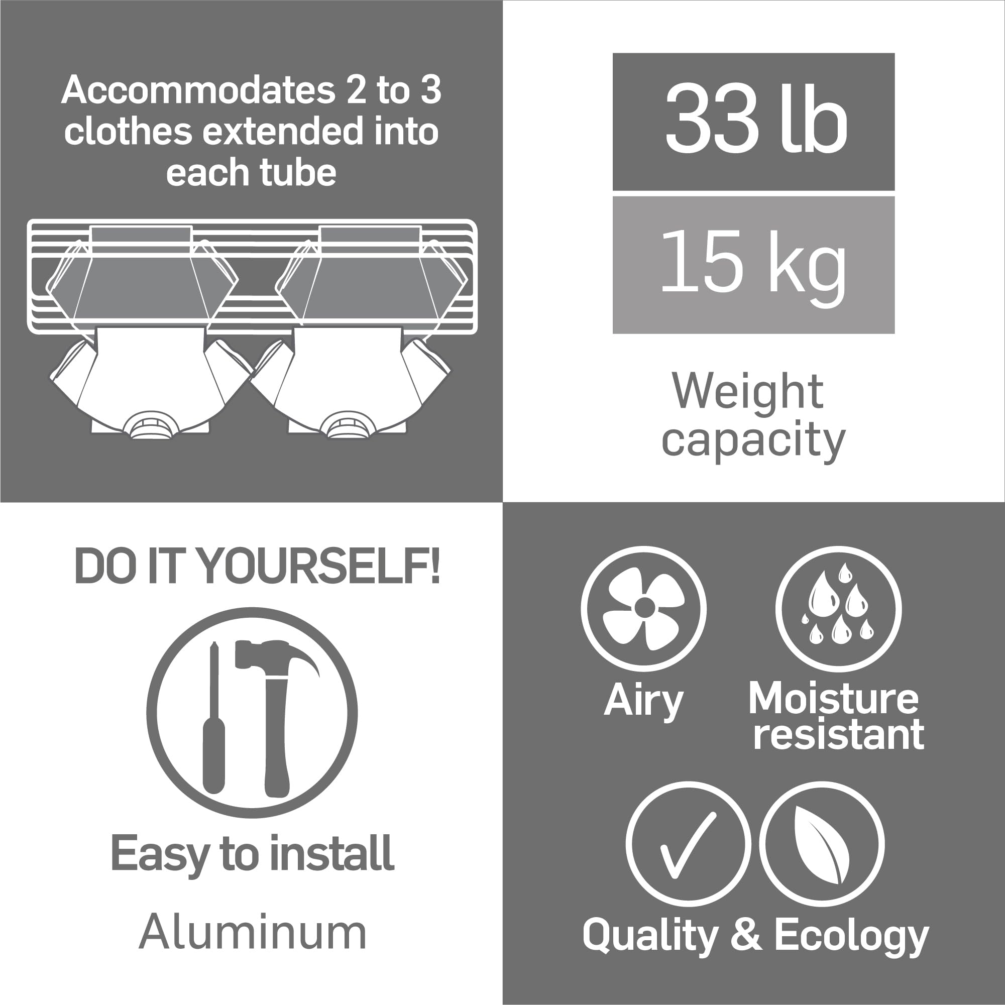 SOH DESIGN Wall Mount Clothes Drying Rack, Aluminum 8 Rods Expandable Wall Drying Rack for Laundry, Bathroom, Balcony, Indoor-Outdoor Use, 24 in wide