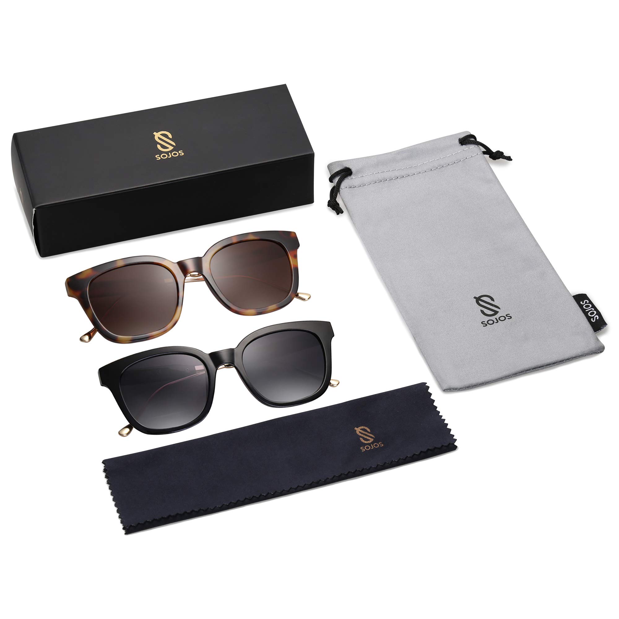 SOJOS 2 Pack Classic Square Polarized Sunglasses for Women Men UV400 Sun Glasses SJ2050, Brown Tortoise & Black