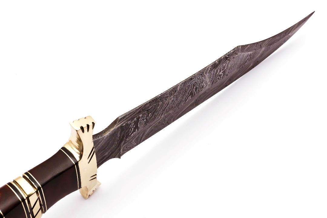Skokie Knives Damascus Steel hunting Knife Stag Antler Handle with Burl Wood & Brass Guard β15β Handmade Premium Quality Sharp Edge Fix Blade - Genuine Multipurpose Knife β Ideal for Hunting, Camping