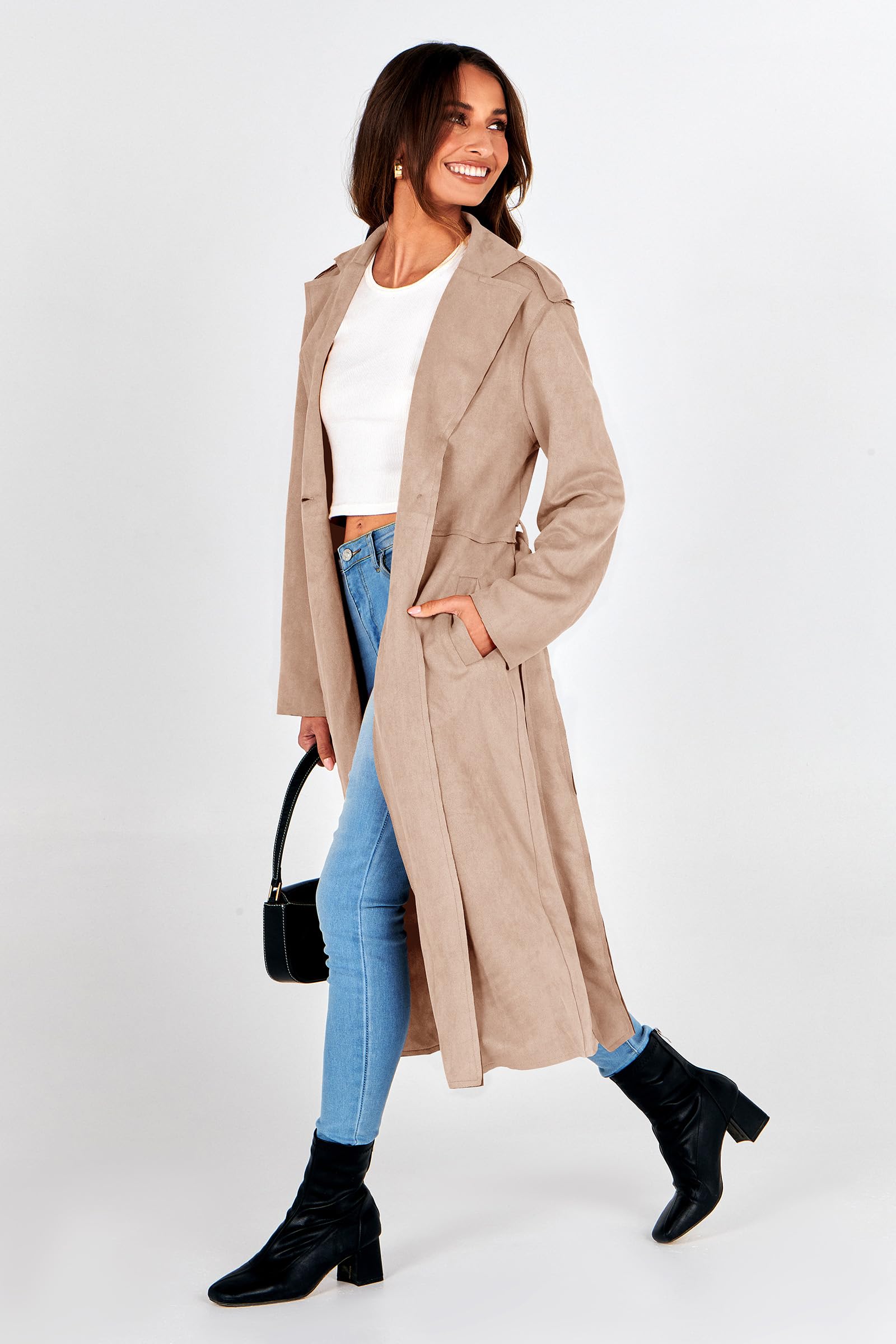 PRETTYGARDEN Women's Fall Fashion Overcoat Faux Suede Shacket Jacket Lapel Belted Long Winter Trench Coats (Beige,Small)