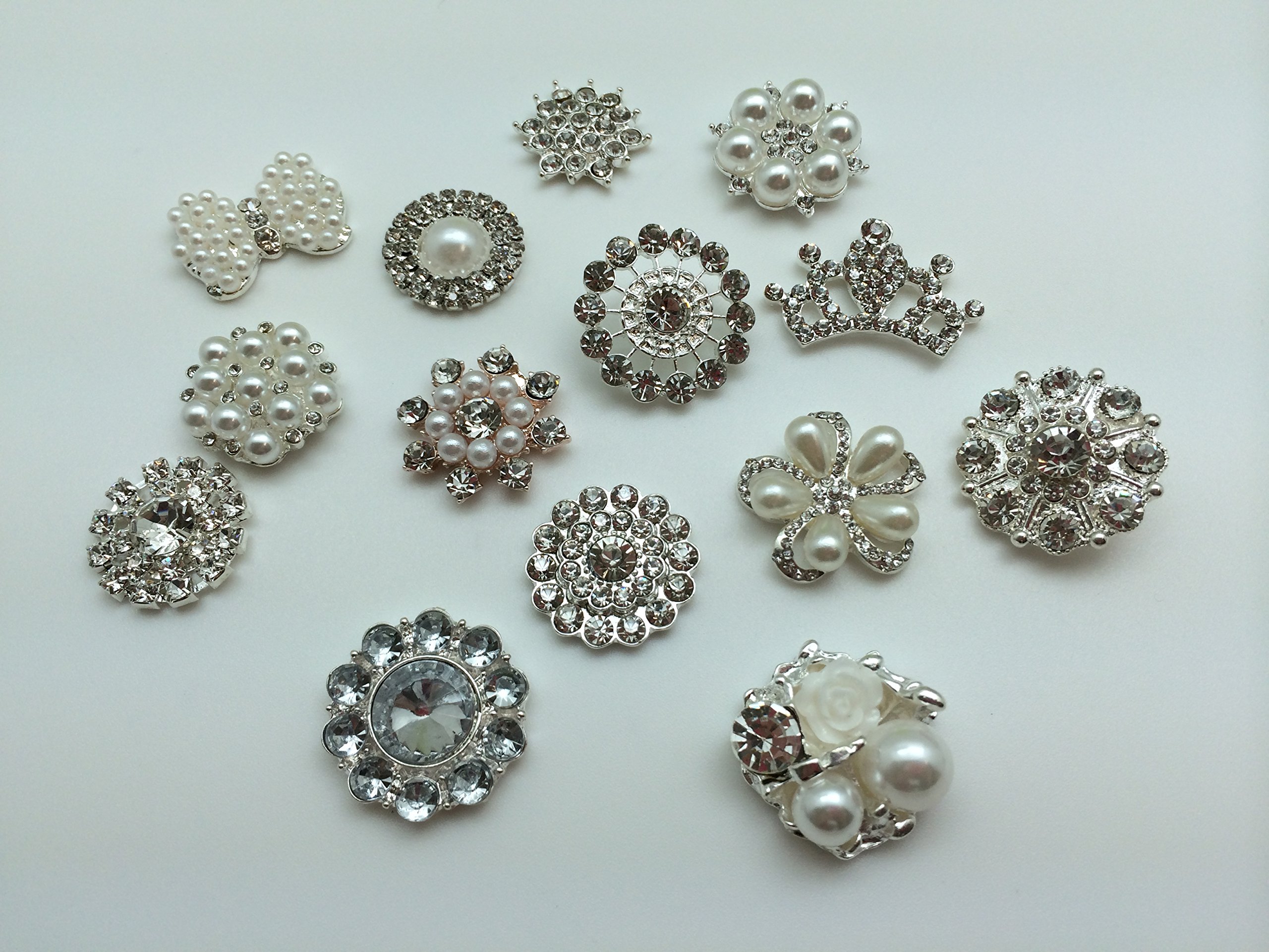 PEPPERLONELY Brand 12PC Mixed Style Acrylic Pearl Rhinestone Flat Back Alloy Metal Embellishments & Sew On Buttons 13/16~1-3/16 Inch