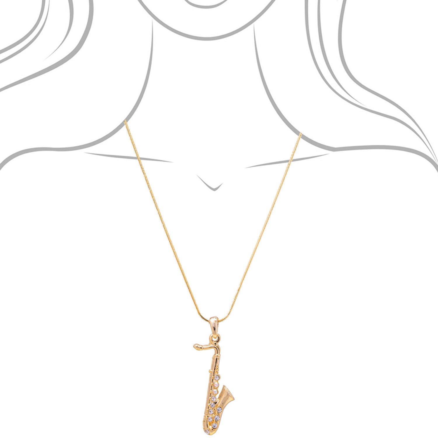 Spinningdaisy Tiny Jewel Crystal Saxophone Instrument Necklace Gold
