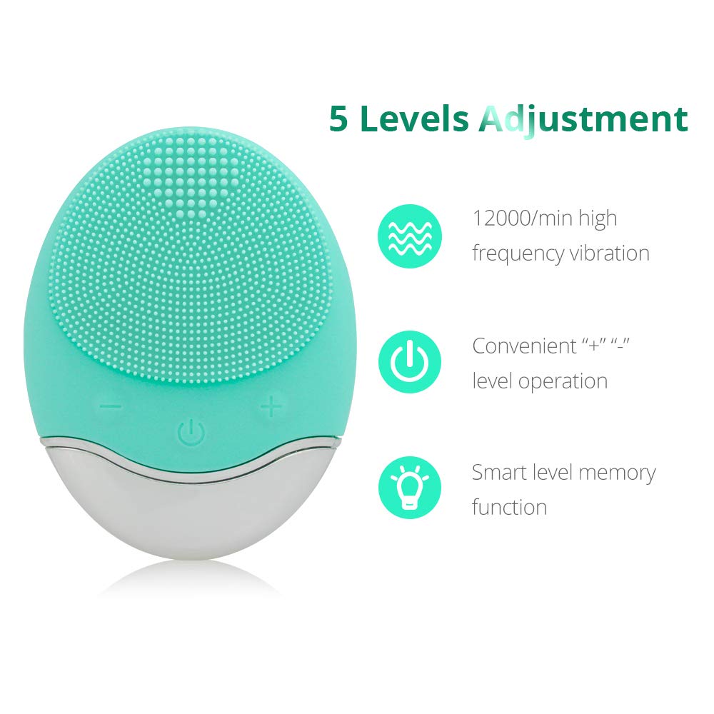 Sonic Facial Cleansing Brush, Soft Silicone Waterproof Face Cleanser Bamboo Charcoal Wireless Charging Travel Size Massager for Skin Exfoliation, Deep Cleansing, Anti Aging - Green