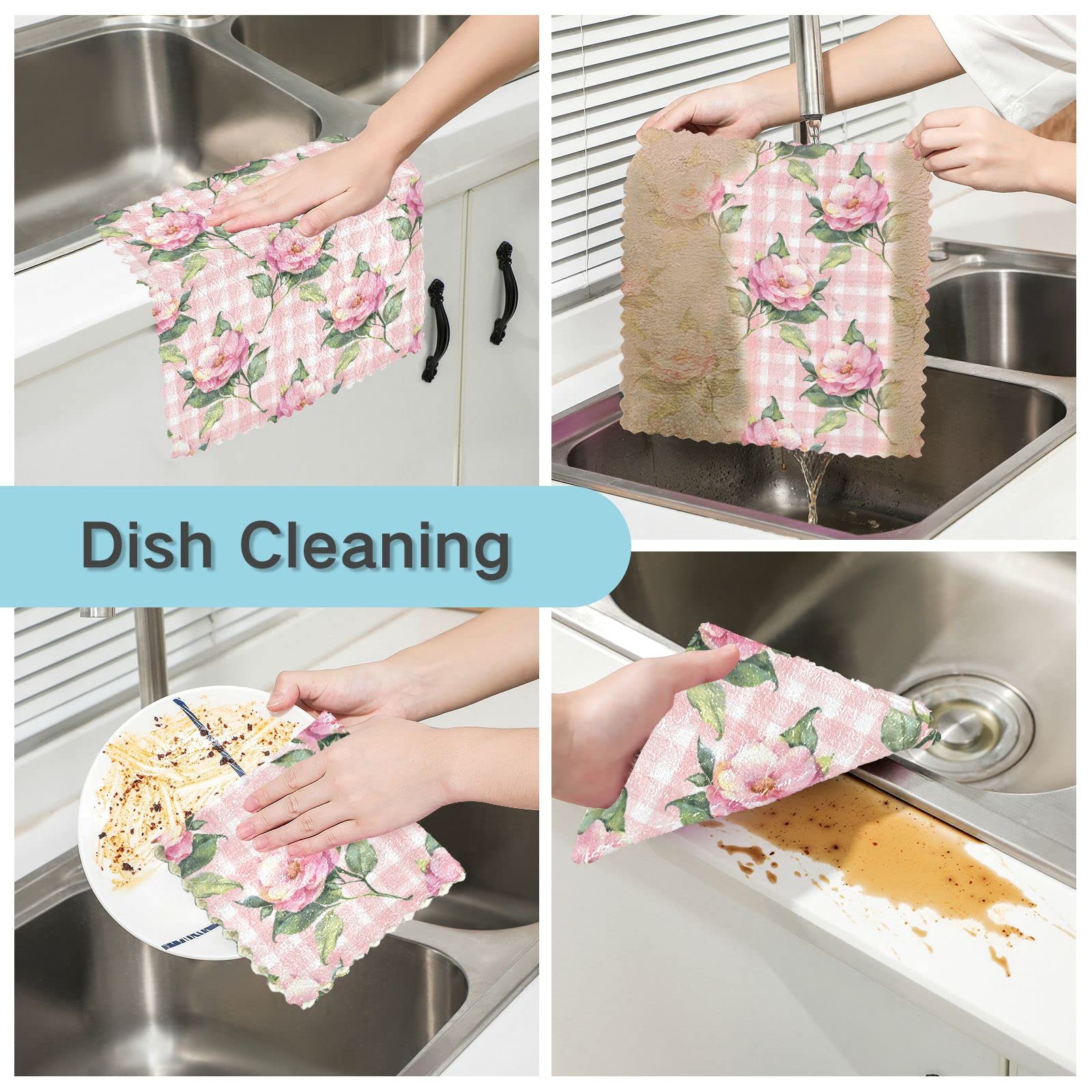SUABO Pink Rose Plaid Checkered Kitchen Dishcloths, 6 Pack Dish Towels Quick Drying Tea Towels Absorbent Cleaning Towels Tableware Towel for Kitchen Bathroom