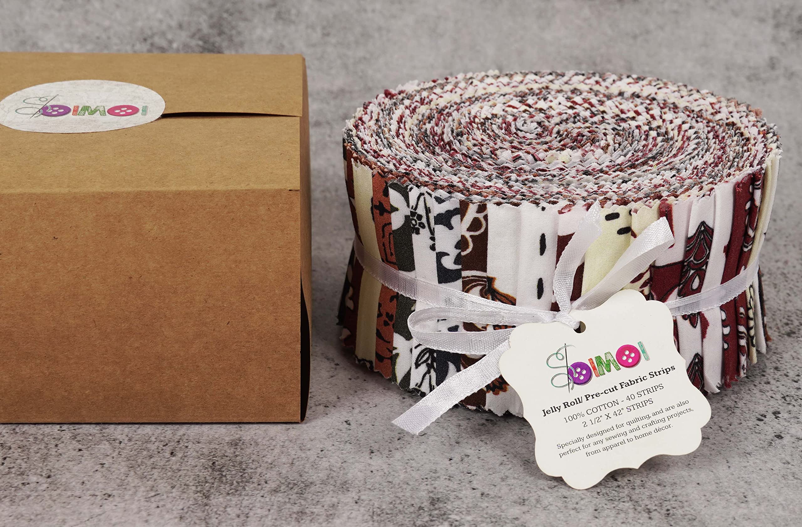 Soimoi 40Pcs Asian Block Print Cotton Precut Fabrics for Quilting Craft Strips 2.5x42inches Jelly Roll - Maroon, White, Pale Yellow, Brown