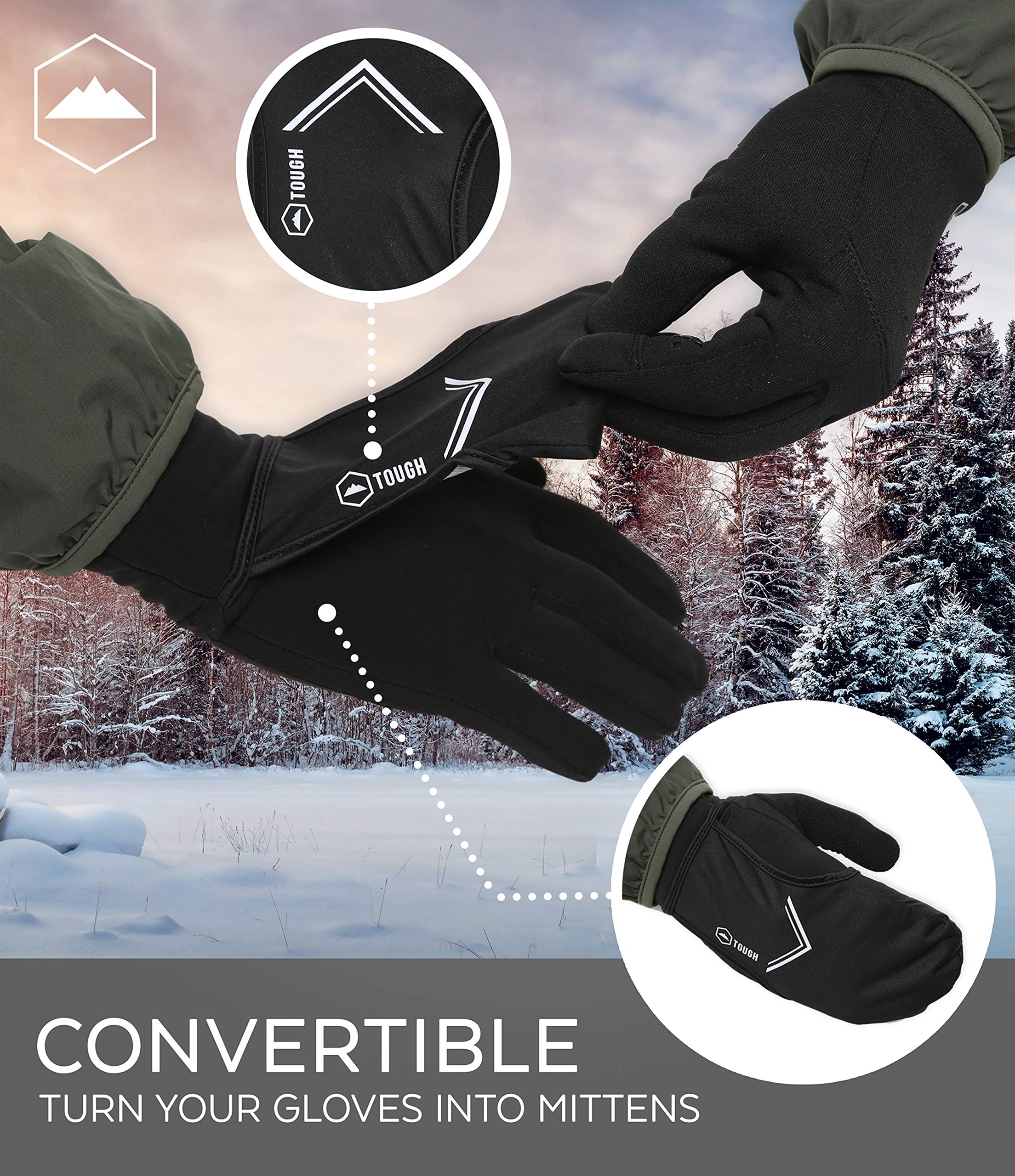 Tough Outdoors Running Mitten Gloves with Touch Screen - Winter Glove Liners with Convertible Mittens Cover for Texting