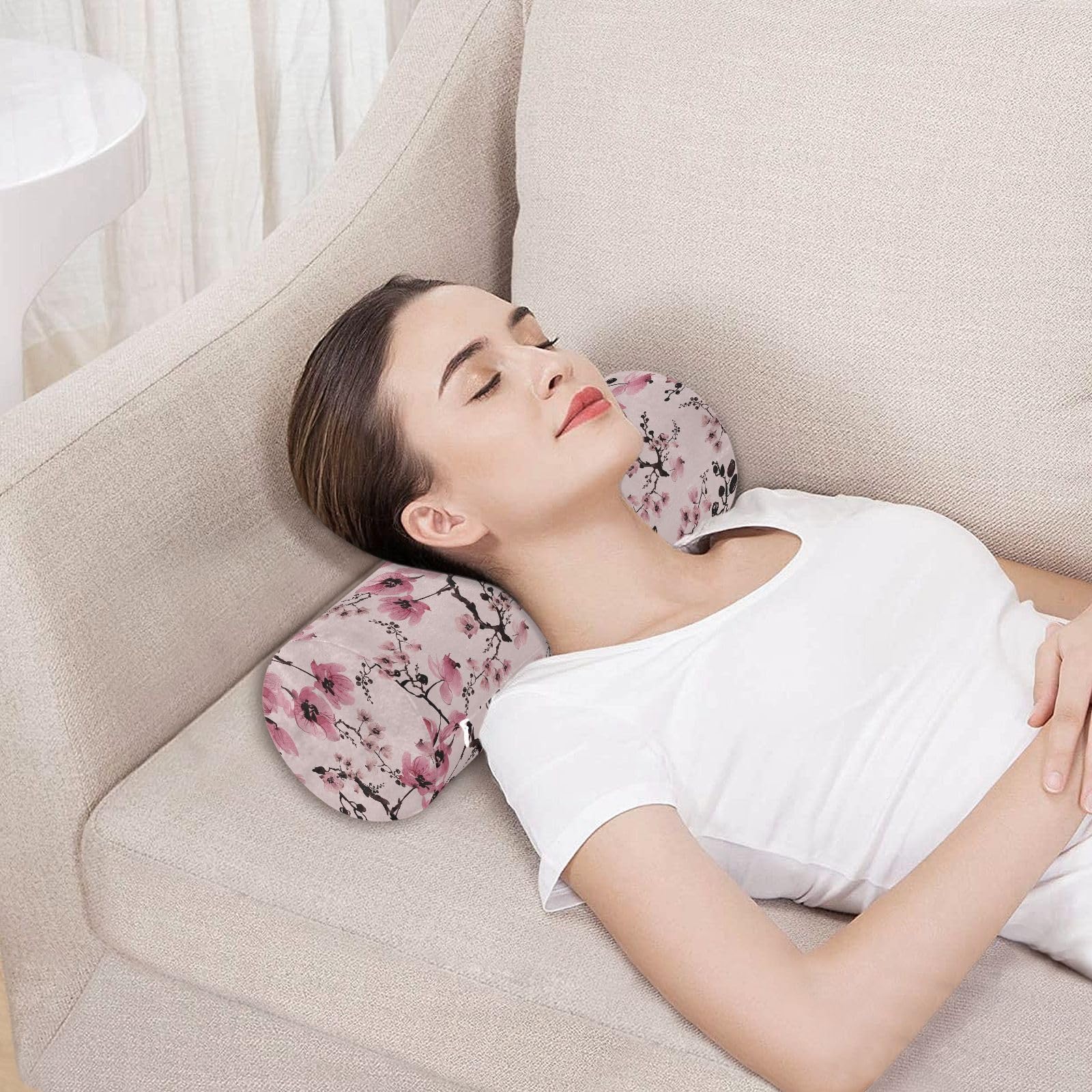 Vnurnrn Pink Cherry Neck Support Pillow Round Neck Roll Bolster Cylinder Pillow Cervical Pillows Arm Pillow for Leg Knee Back Head Support for Adults Bedroom Camp Work