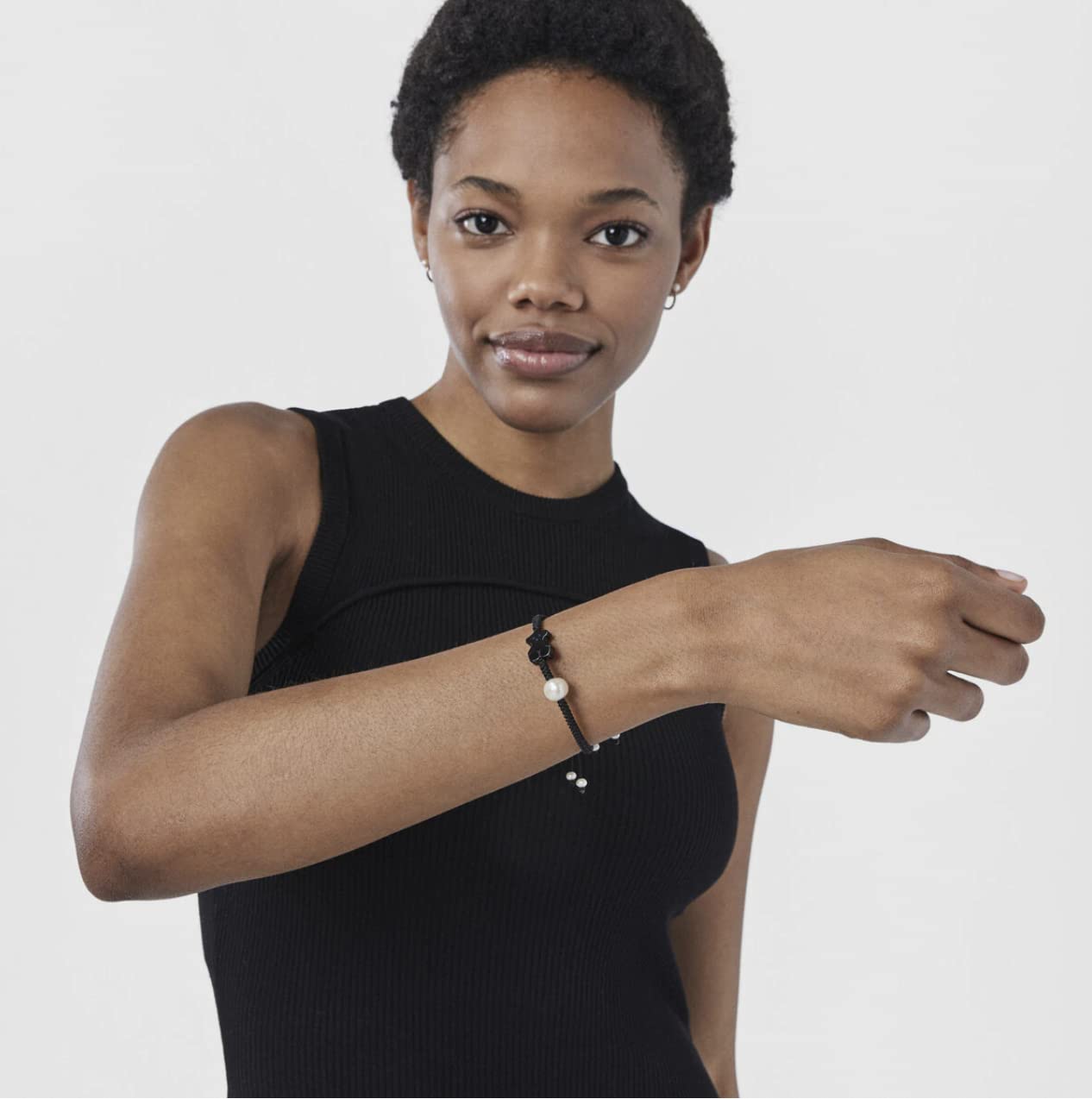 TOUS Onyx & Pearls Bracelet for Women with Bear Motif, Length 12-15.5 cm, Tibet Collection