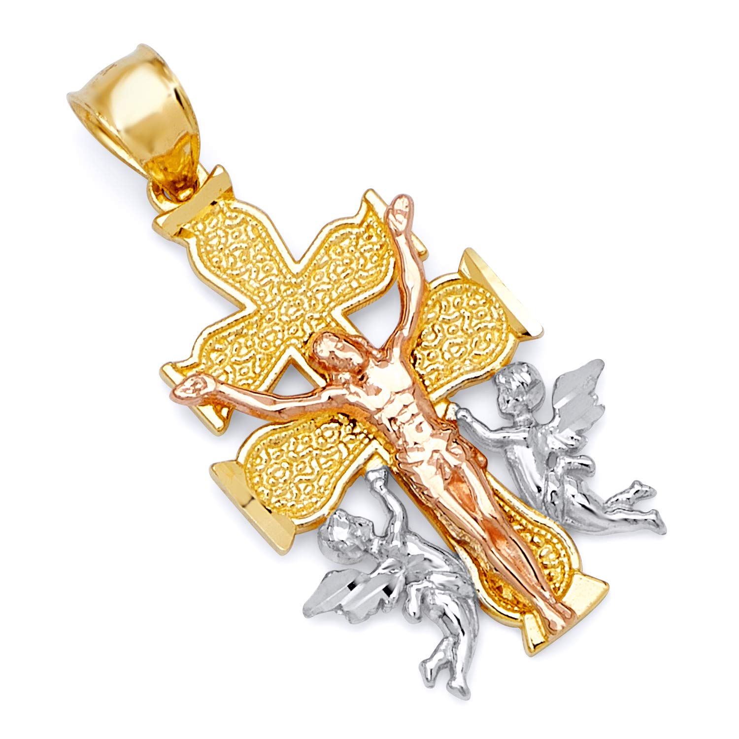 TWJC 14k REAL Tri Color Gold Religious Cross of Caravaca Charm Pendant