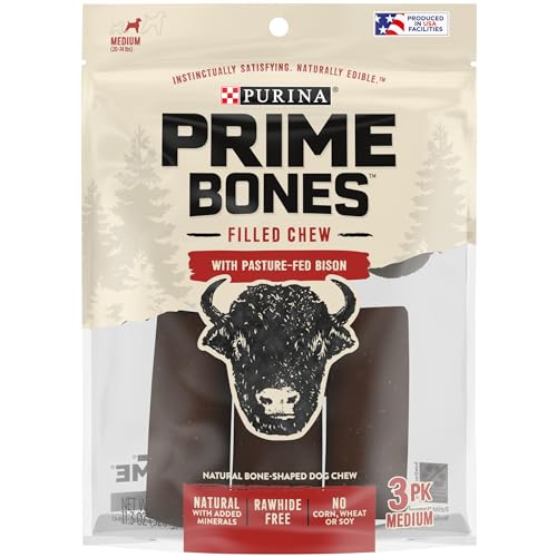 Purina Prime Bones Dog Bone, Made in USA Facilities, Natural Medium Dog Treats, Filled Chew With Pasture-Fed Bison - (4) 3 ct. Pouches