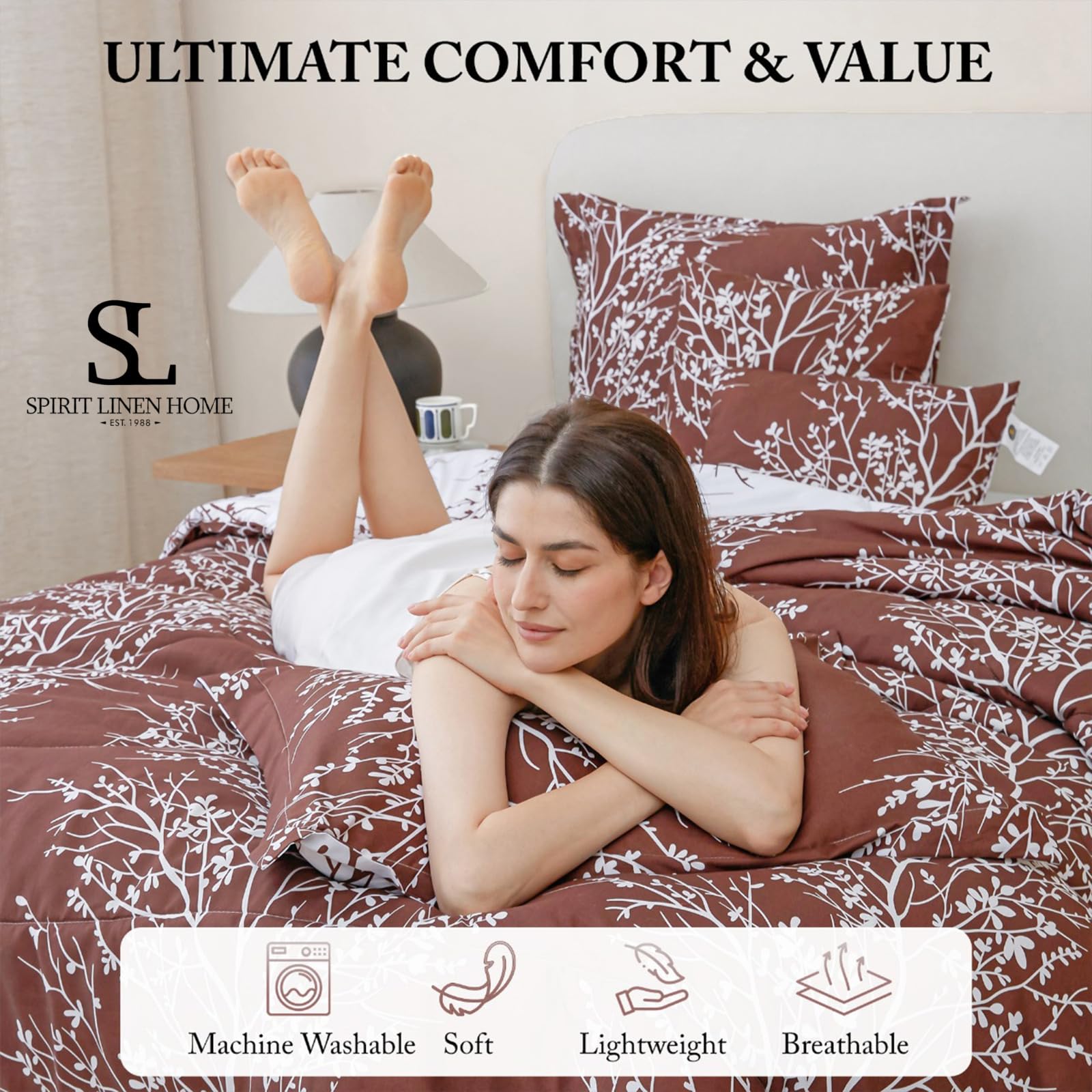 Spirit Linen 6pcs Queen Comforter Set - Cozy Deep Sleep Microfiber Bedding Comforter Sets with Foliage Designed - Queen Size Comforter Sets with Pillow Shams (Grey, Queen)
