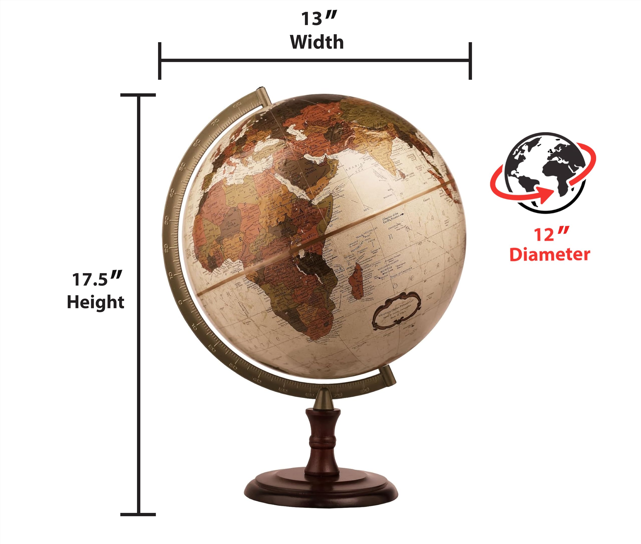 Replogle Superior- Bronze Metallic Desktop World Globe, Raised Relief (12"/30cm diameter) made in USA