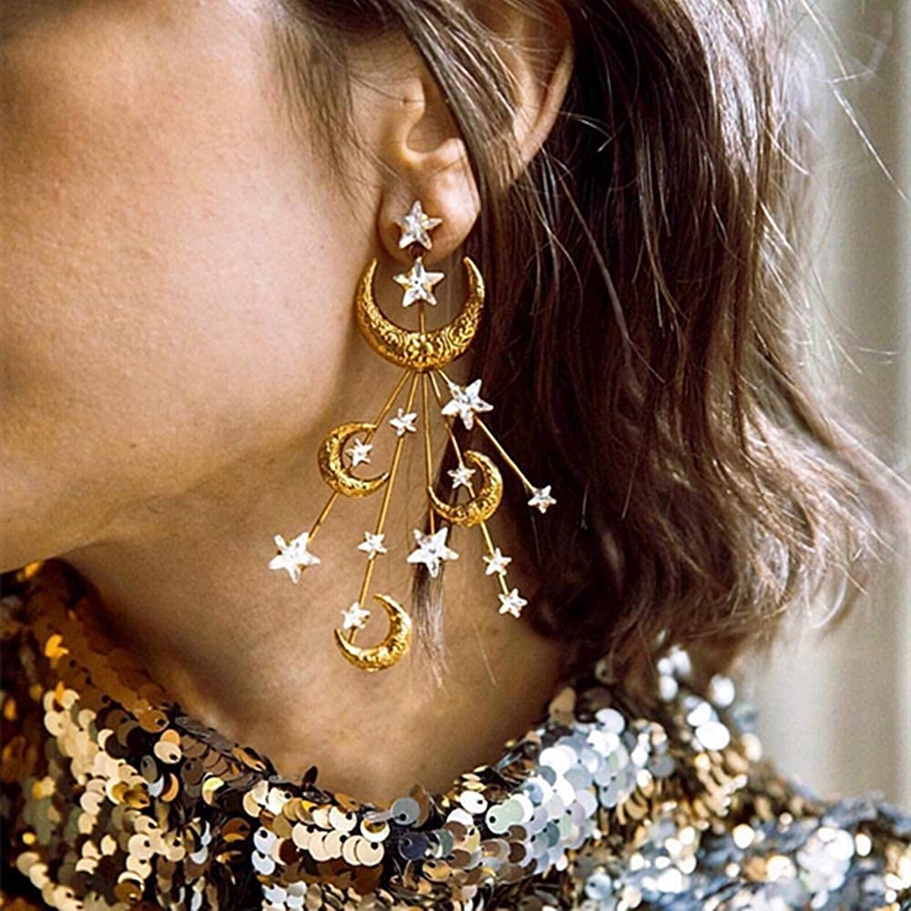 Star Moon Earrings Made Swarovski Crystal Gold Plated Crescent Moon Stars Drop Dangle Earrings Chunky Statement Star Earrings for Women Trendy Jewelry Gift