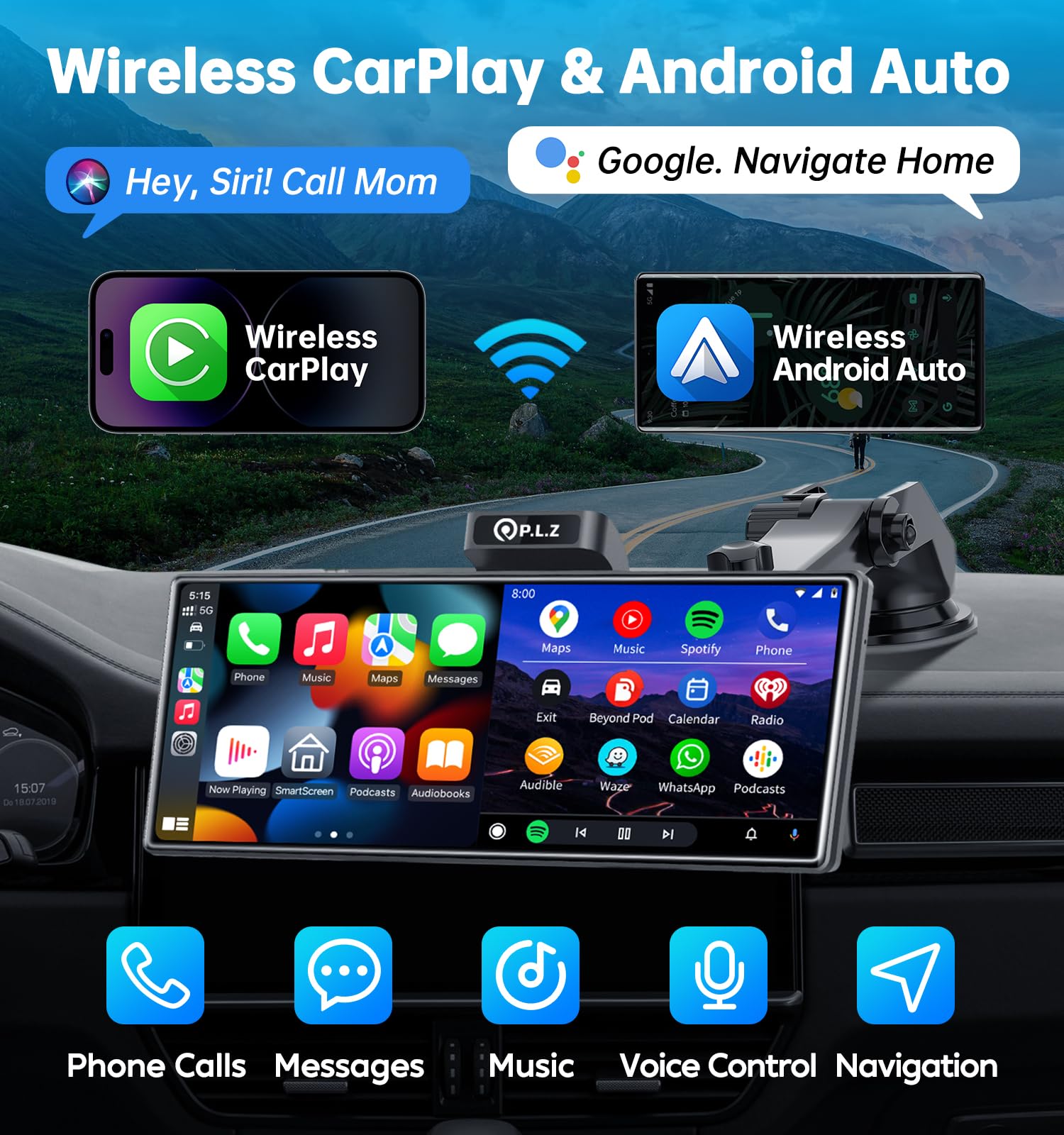 PLZ 9.3" Wireless Apple Carplay Stereo Screen, Portable Plug in Car Play Android Auto Touchscreen, Car Audio Receiver, 1080P Backup Camera, Bluetooth 5.3, FM Radio Transmitter, 2.5K Dash Camera