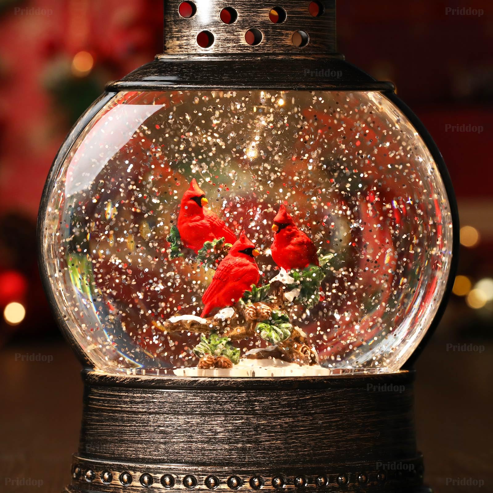 Priddop Cardinal Snow Globe 12 Inch Christmas Snow Globe Lantern with Timer & Music, USB & Battery Powered Christmas Decorations Indoor Cardinal Decor (2023 Upgraded Larger)
